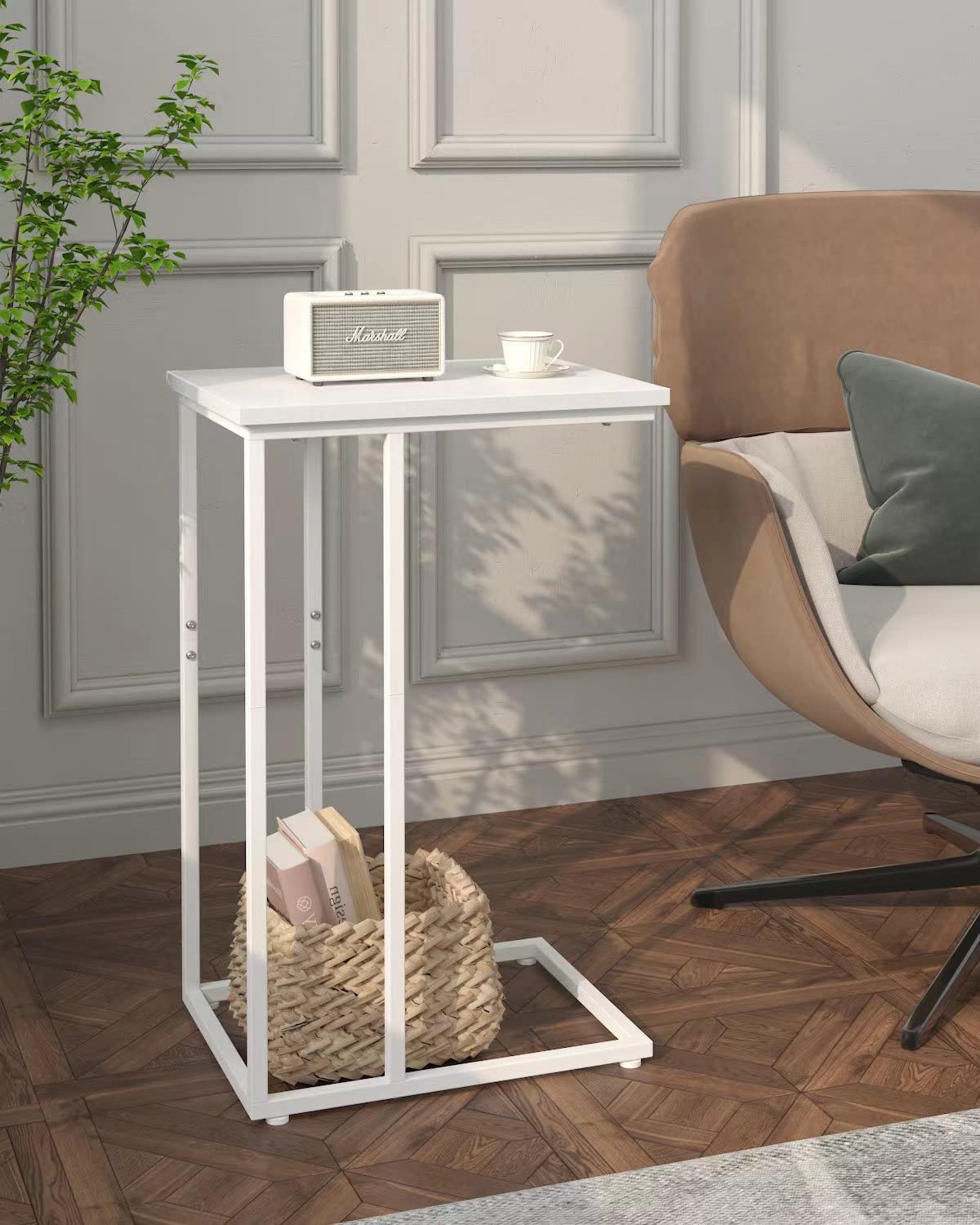 Innerjoin C Shaped End Table, C Side Table for Sofa, Couch and Bed, Tv Tray Table fits Small Space, Living Room Bedroom, White