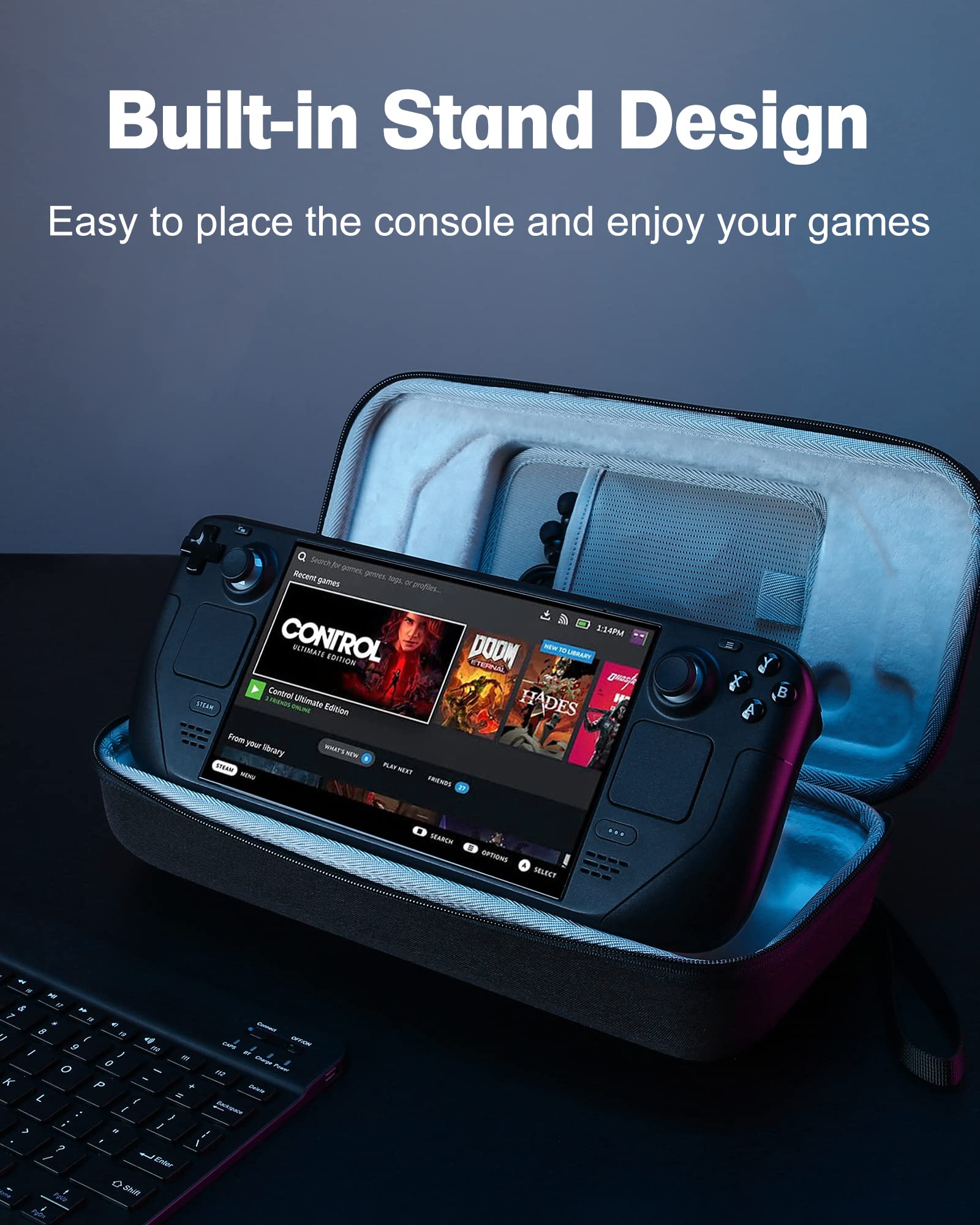 ProCase Steam Deck Carrying Case, Hard Travel Protective Case Large Storage Shell for Steam Deck Console SD Card AC Charger and Other Accessories with Stand and Handle -Black