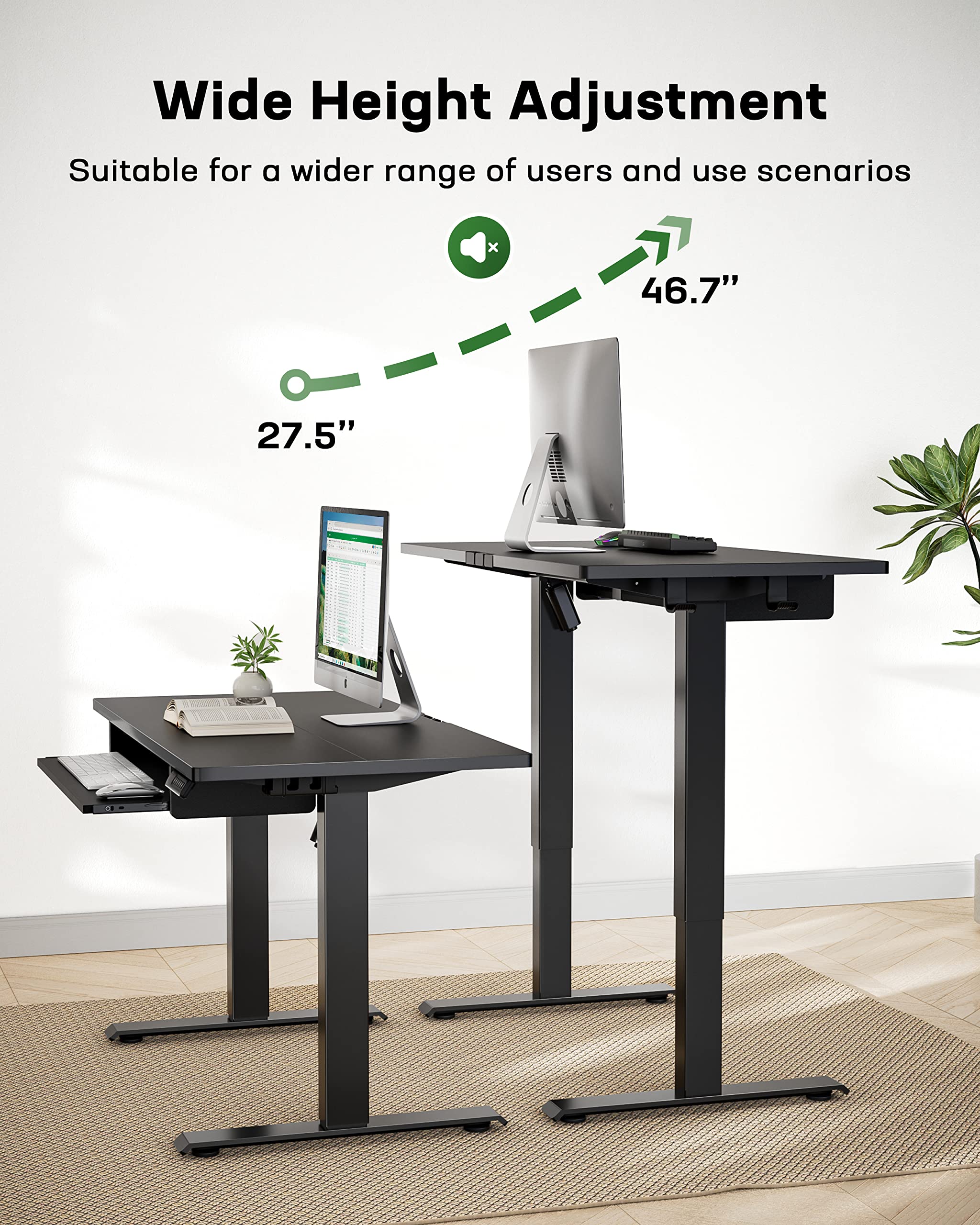 Marsail Standing Desk Adjustable Height with Extra Large Keyboard Tray, 55" Electic Adjustable Desk with 4 Memory Presets Cable Management 2 Storage Hooks, Sit Stand Up Desk for Home Office
