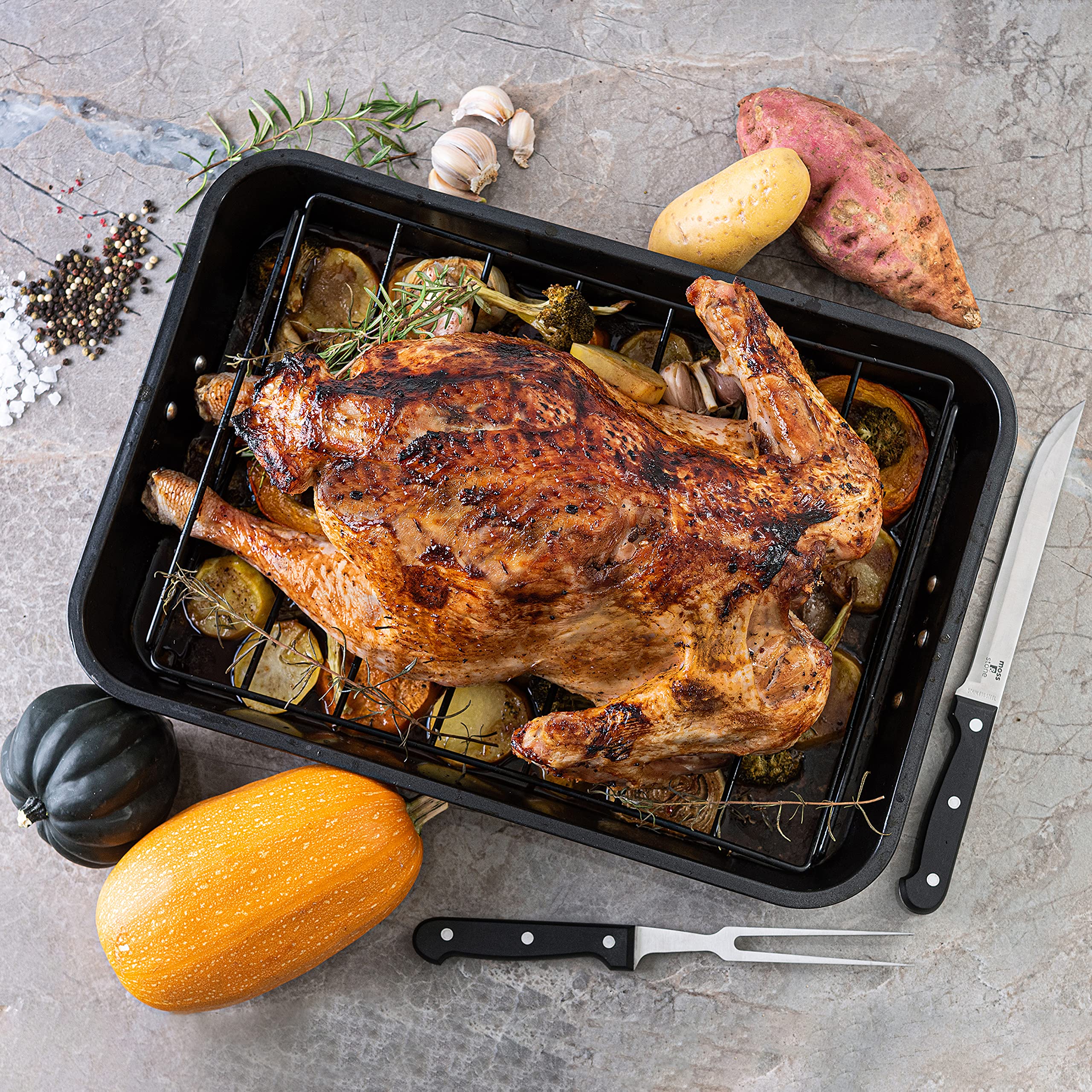 Moss & Stone Carbon Steel Roaster Pan With βVβ Shape Removable Roasting Rack Set, 16.5 Inch Rectangular Nonstick Roasting Pan, Turkey Roaster Pan Rack With Carving Fork & Chef Knife