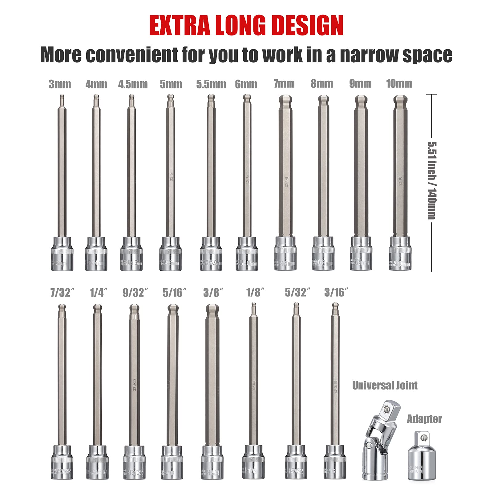 RIMKOLO 3/8 Inch Drive Long Ball End Hex Bit Socket Set,20-Piece SAE & Metric Allen Socket Set 3mm to 10mm & 1/8-3/8 Inch S2 Steel Bits