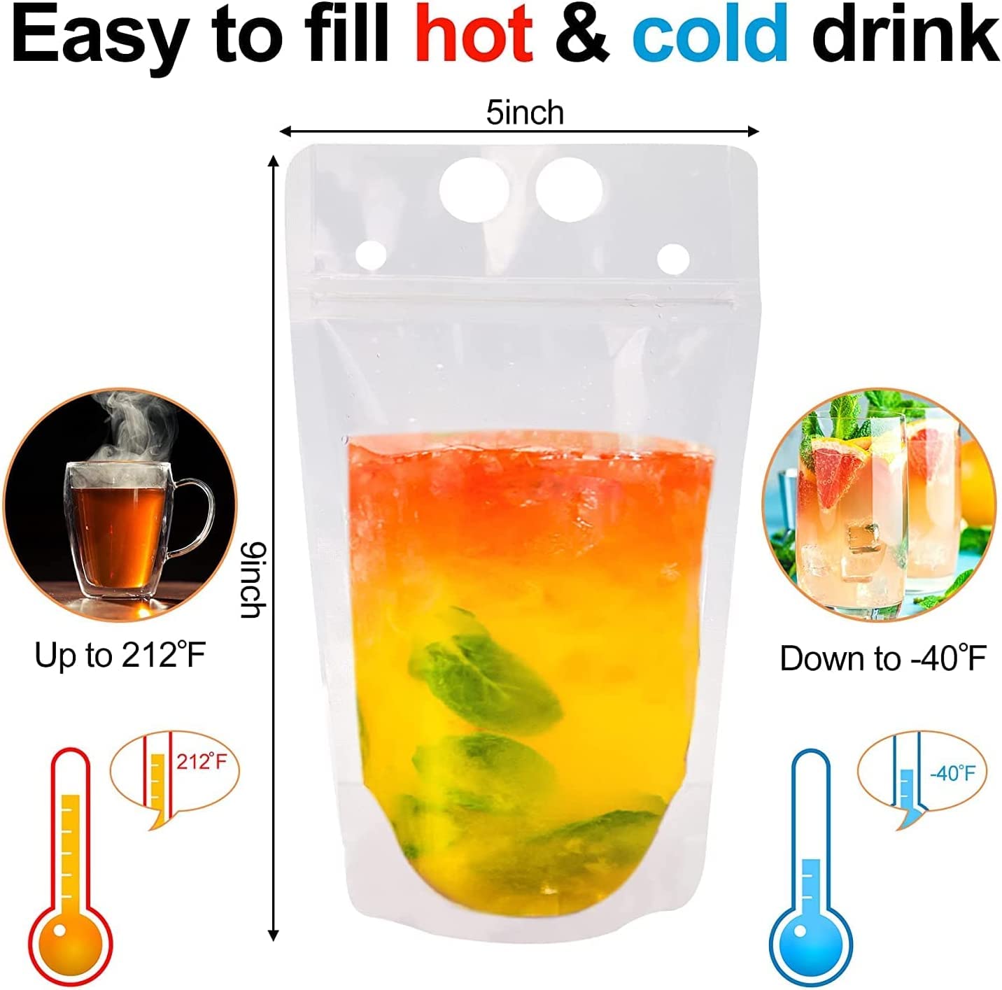 Ozera Drink Pouches, 100 Pcs Plastic Pouches with Straws Funnel, Reusable Clear Juice Pouches for Adults Fit Smoothie Ice Drink Fruit, Nuts, Coffee and Candy