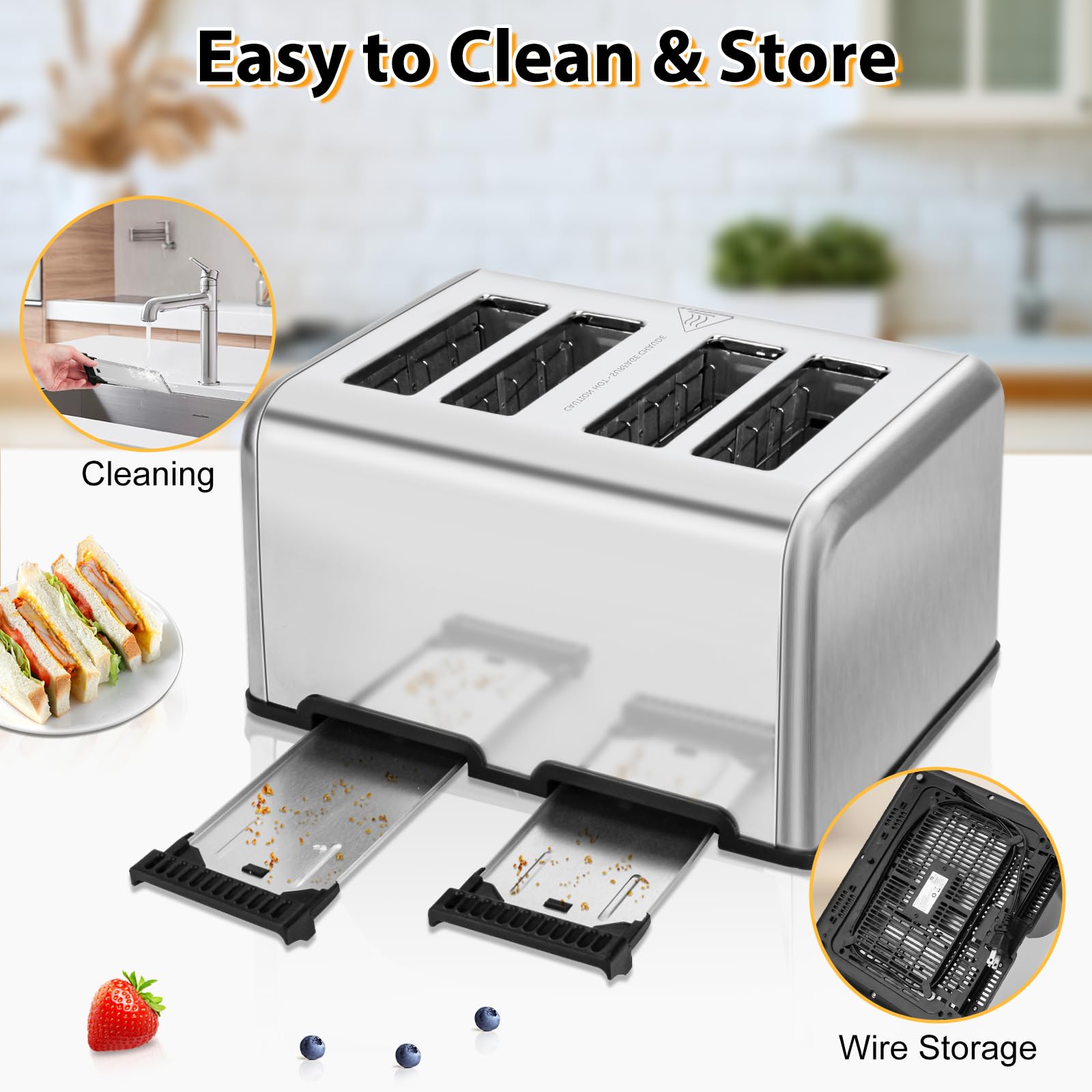 Toaster 4 Slice Touch Screen, 4 Slice Toaster with Extra-Wide Slots, Dual Independent Toasting Panels & Cancel/Defrost/Reheat/Bagel Functions, Removable Tray & 6 Browning Levels, 1650W