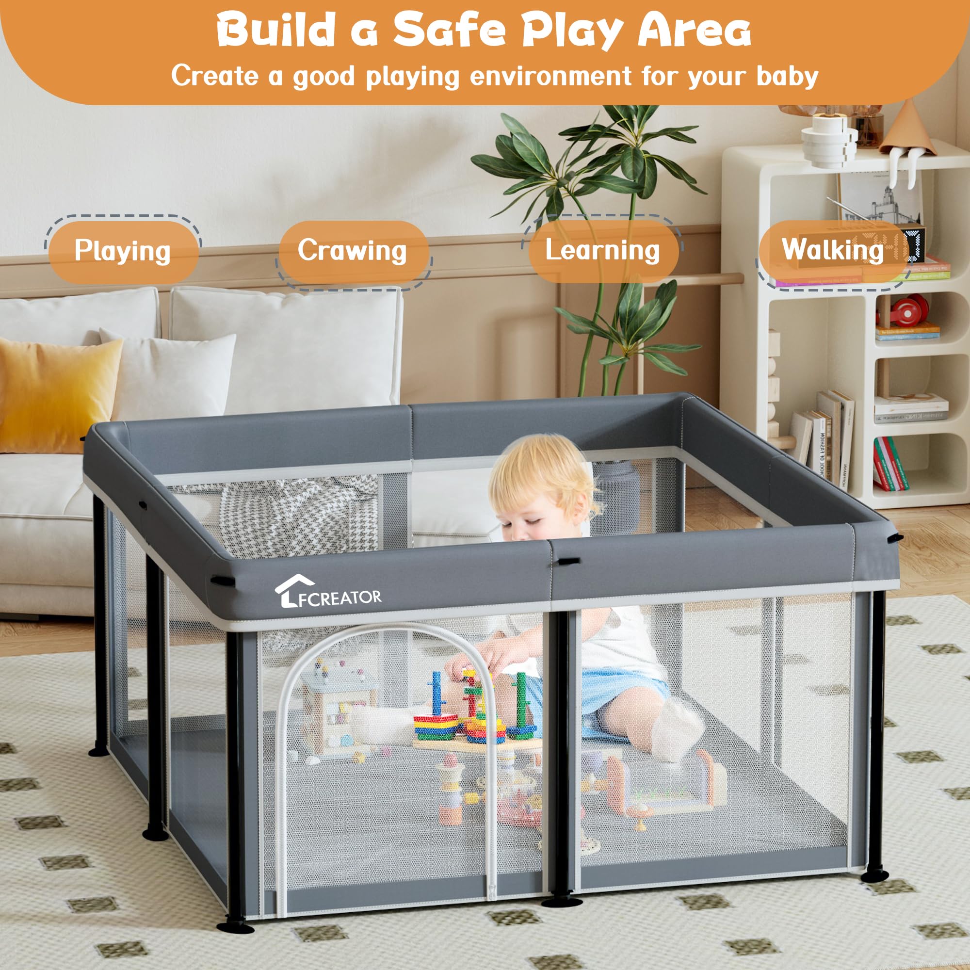 LFCREATOR Foldable Baby Playpen, Playpen for Babies and Toddlers Indoor & Outdoor,Baby Activity Center with Visible Breathable Mesh,50”×50”(Grey)