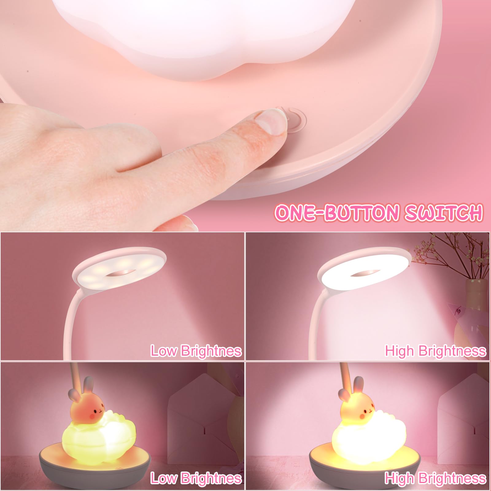 MARZIUS Cute Rabbit Design Dimmable Touch LED Reading Desk Lamp Night Light with 5 Levels Brightness for Boy,Girl Kid Teen (Pink Cloudy Bunny)