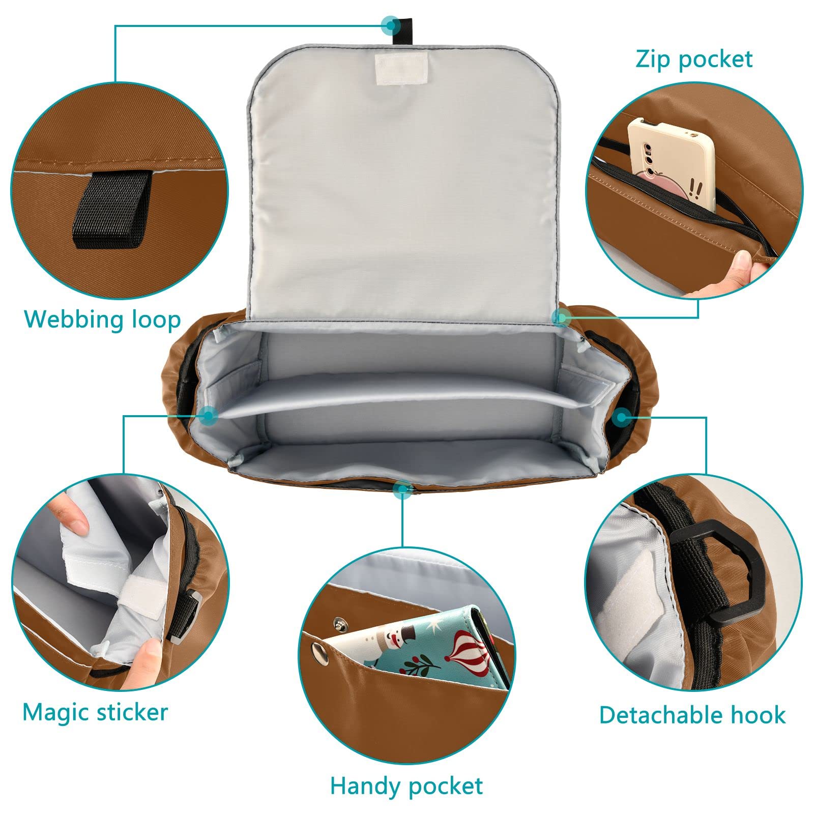 Saddle Brown Baby Stroller Organizer Large Capacity with 2 Cup Holder Adjustable Removable Shoulder Straps Abrasion-Resistant and Durable Fit Nearly Any Stroller