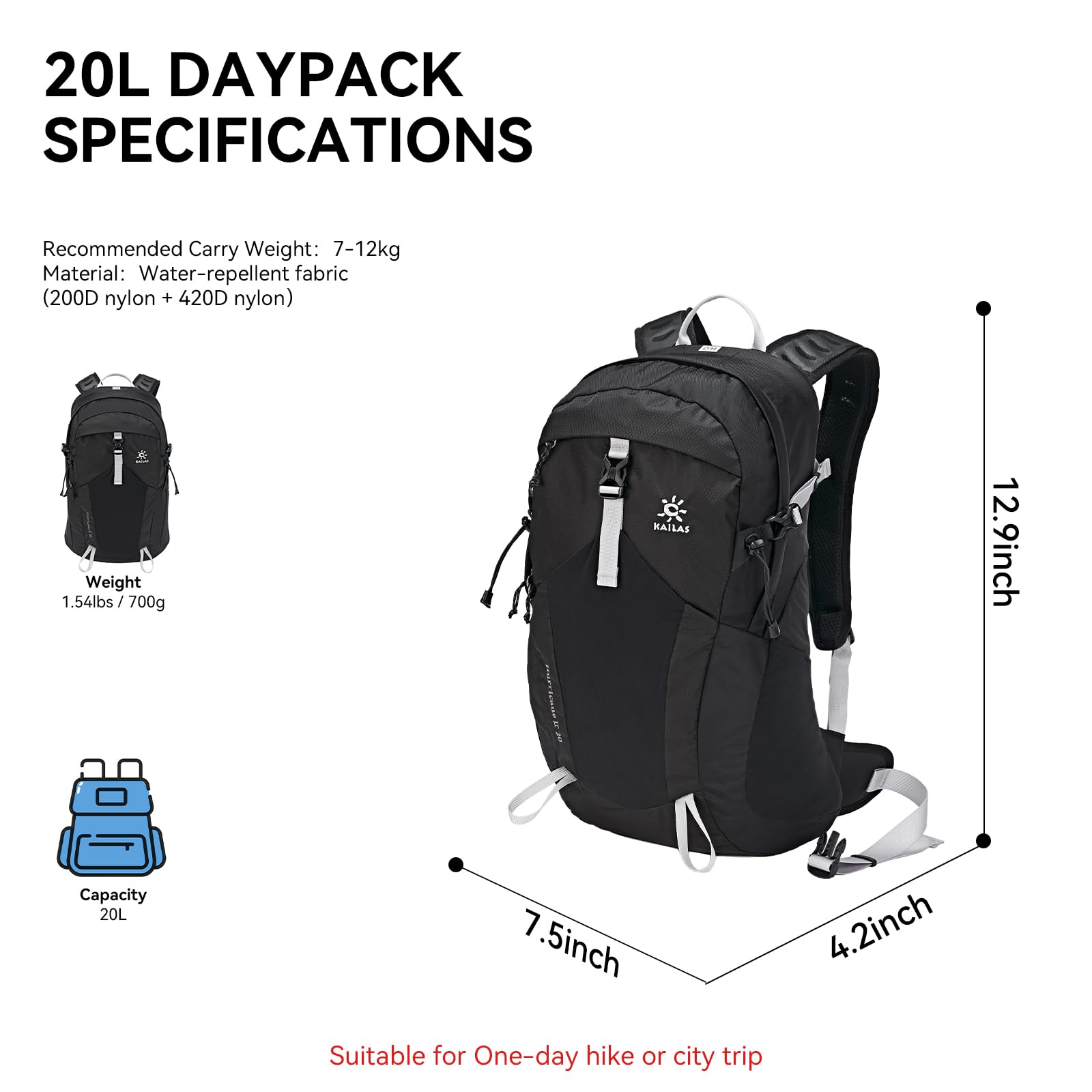 KAILAS Hurricane 20L Small Hiking Backpack Lightweight Daypack for Women Men Travelling Camping Outdoor Trekking Dark Green