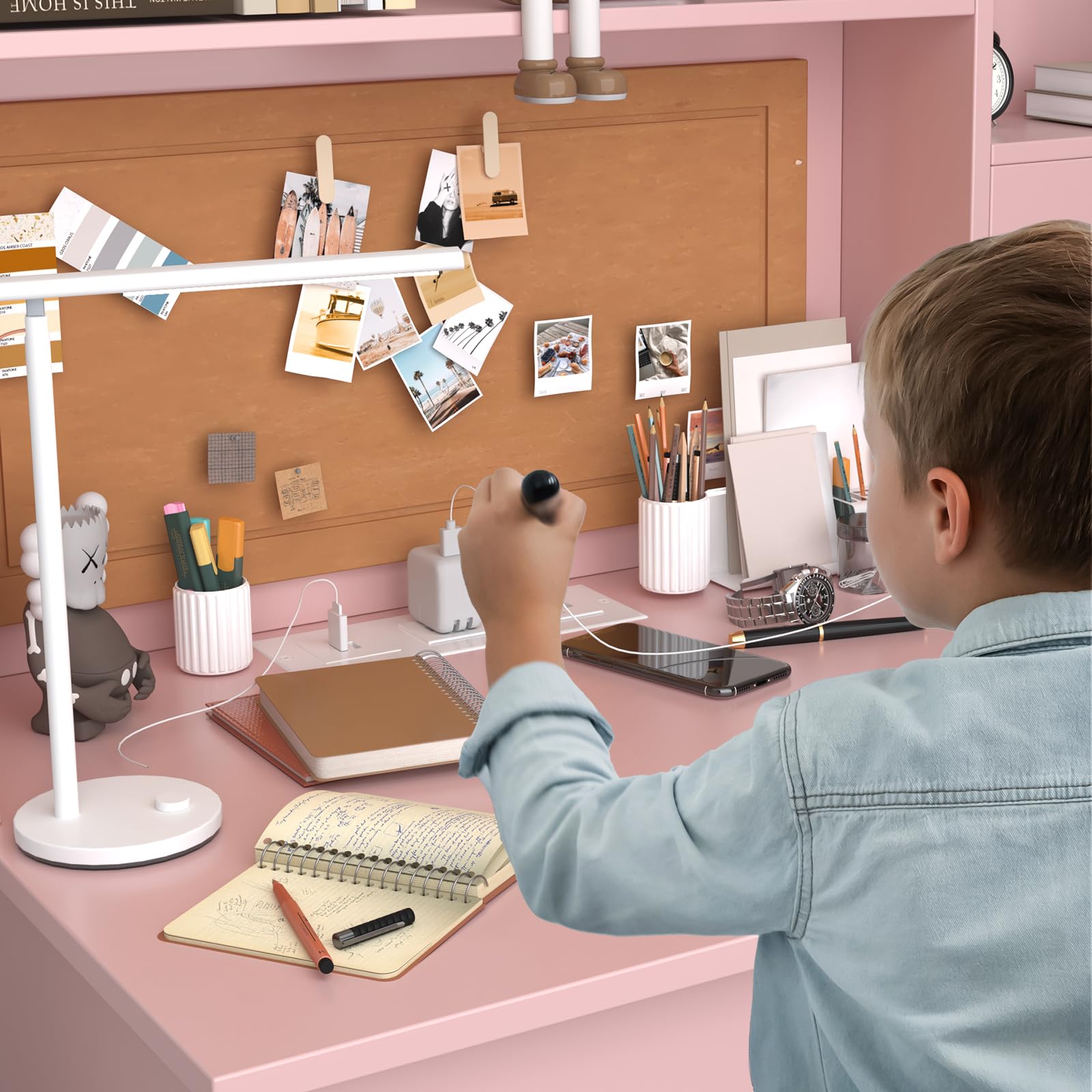 SFDOU Pink Kids Desk and Chair Set for 5-12 Year Old, Childrens Computer Desk with Drawers and Storage Shelf, Kids Study Table with Charging Station