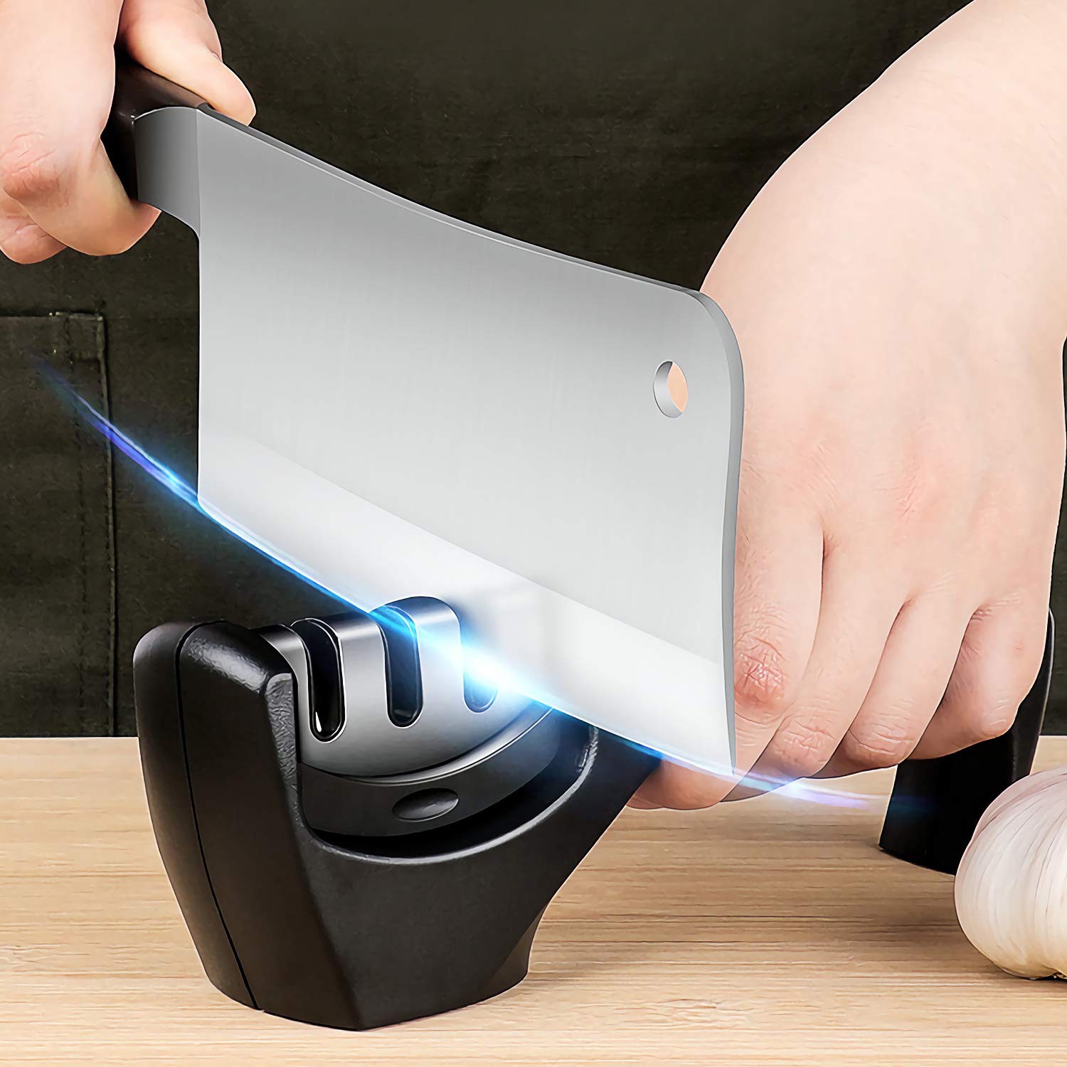 Kitchen Knife Sharpener, Yeebline Easy Manual Knife Sharpening with Professional Kitchen Chef 3 Slot Design to Restore Your Dull Knife for A Sharp Edge (Black)