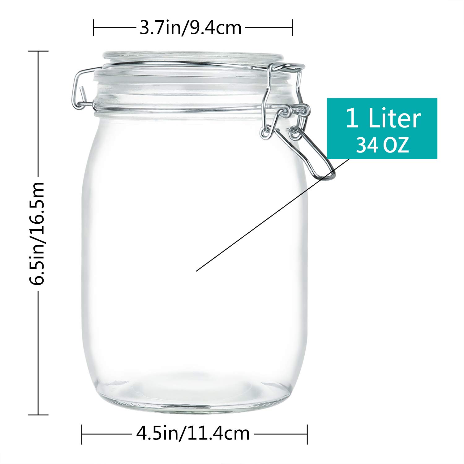 OAMCEG 4 Pack Wide Mouth Mason Jars - 34 OZ Airtight Glass Canning Jars with Leak Proof Rubber Gasket and Clip Top Lids, Perfect for Storing Coffee, Sugar, Flour or Sweets