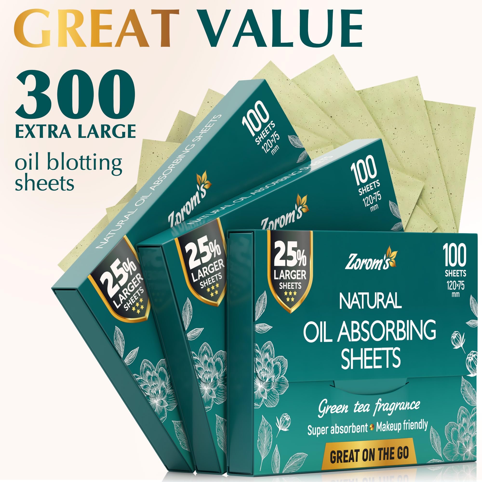 Natural Green Tea Oil Blotting Sheets for Face - 25% Larger Sheets (4.7x3β) - 300 Makeup Friendly Blotting Papers for Face - Easy Dispensing Oil Absorbing Sheets for Face