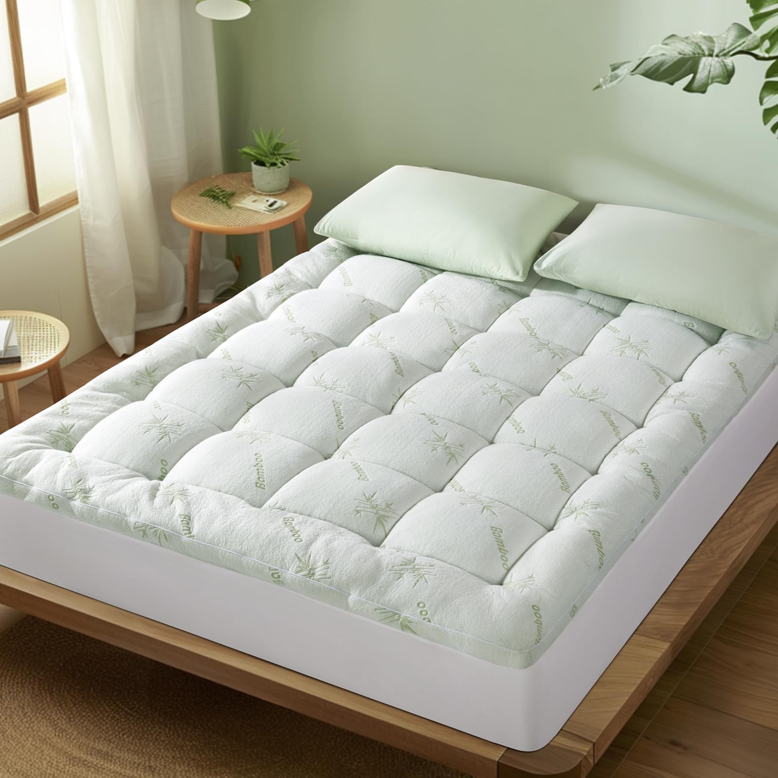 Shilucheng Cooling Queen Mattress Topper, Extra Thick 1200 GSM Down Alternative Fill Washable, Soft Mattress pad for Back Pain with 8-21" Deep Pocket(Green,60"x80")