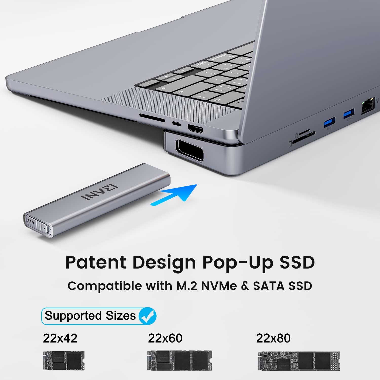 INVZI MagHub 12-in-2 USB-C Docking Station Triple Monitors with Pop-Up SSD, Dual 4K HDMI, DP, 100W PD Charging, USB 3.2 10Gbps USB, RJ45, SD/TF Slots for MacBook Pro M1 14” 16”, MacBook Air M2 13”
