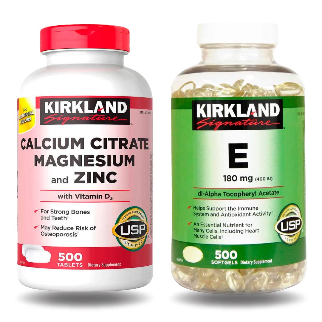 Kirkland Signature – Calcium Citrate, Magnesium and Zinc 500 Tablets + Vitamin E 400IU, 500 Softgels (Bundle of 2 Units Total)