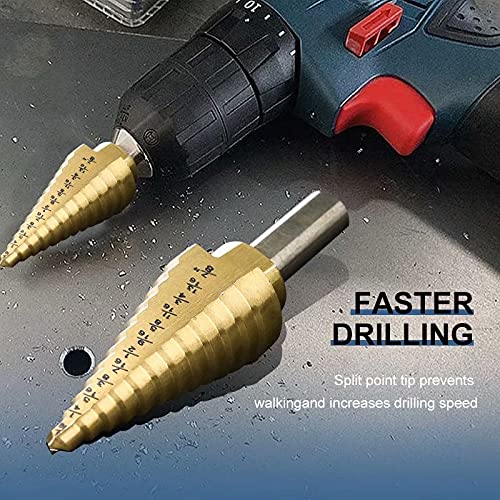 Reeson Step Drill Bits 5pcs 50 Sizes Unibit High Speed Steel Titanium Coated Double Cutting Blades for Sheet Metal Hole Drilling Cutting with Automatic Center Punch