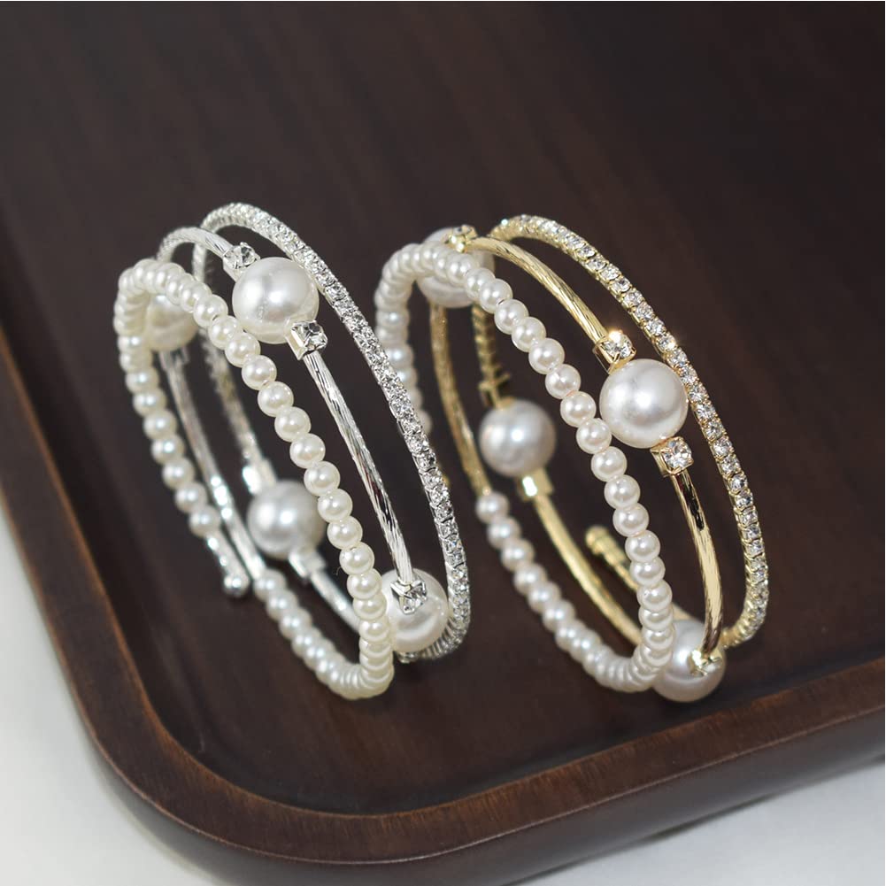 MyBuddy 2PCS Faux Pearl Wrap Bangle Bracelets,Pearl Stretch Beaded Layered Bracelets Blessing Bangle Jewelry for Women Girls Gift(Gold and Silver)