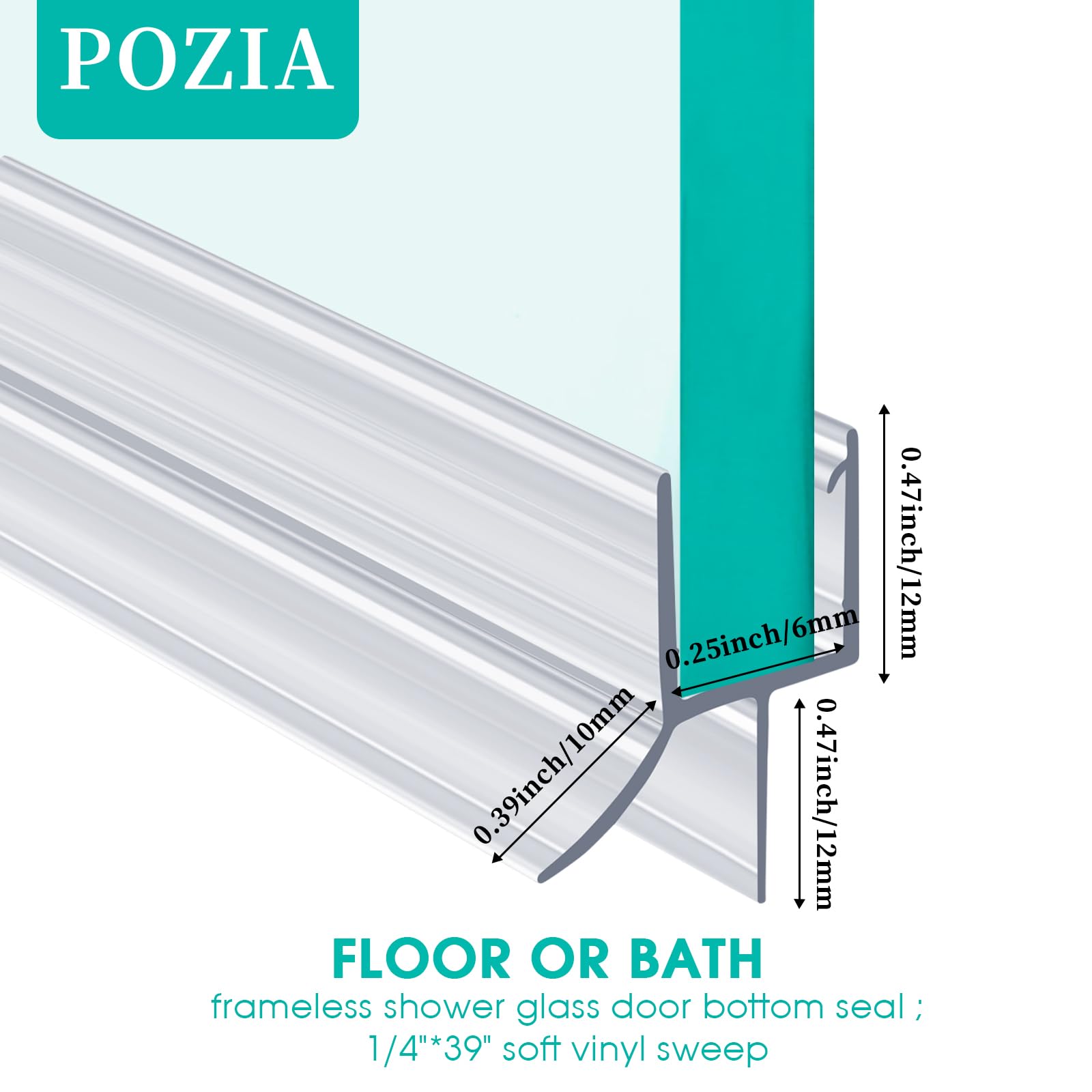 Shower Door Bottom Seal POZIA-36" Long,1/4"(6mm) Thick Frameless Glass Shower Door Seal Strip Clear Vinyl Durable Stop Shower Leaks and Create a Water Barrier Ultra Clear