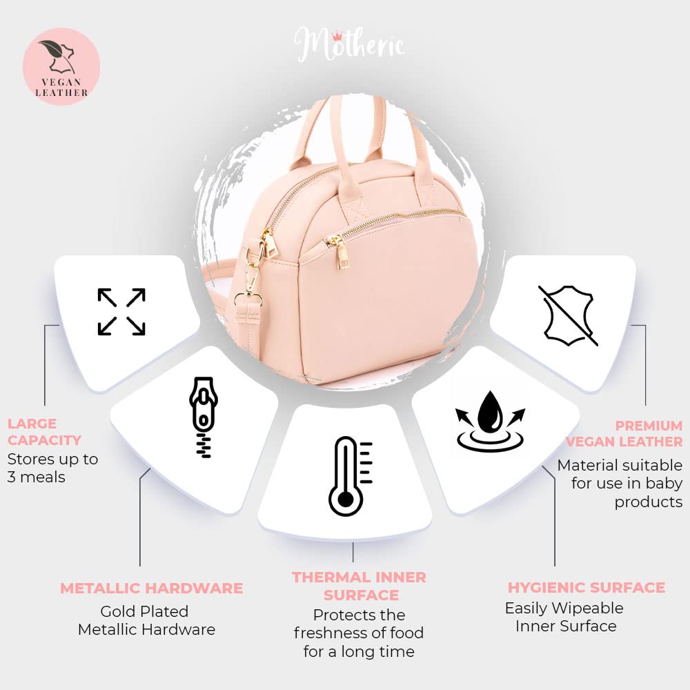 motheric Mona Vegan Leather thermal insulated cooler cute designer lunch Bag for women - lonchera para mujer - linch box - Baby lunchbox (Blush)
