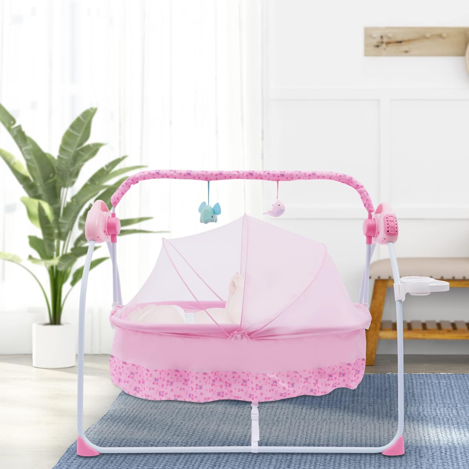 TFCFL Electric Baby Crib Cradle, 0-18 MonthsInfant Bed Auto Swing with Remote Control & Music, 25KG/55LBS Capacity, Foldable Baby Bassinet, Pink
