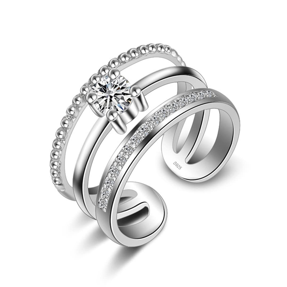 MYLYAHY S925 Sterling Silver 3 Row Lines Wide Bands Ring for Women,Adjustable Forefinger Thumb Finger Midi Knuckle Ring (Ring_B, Adjustable)