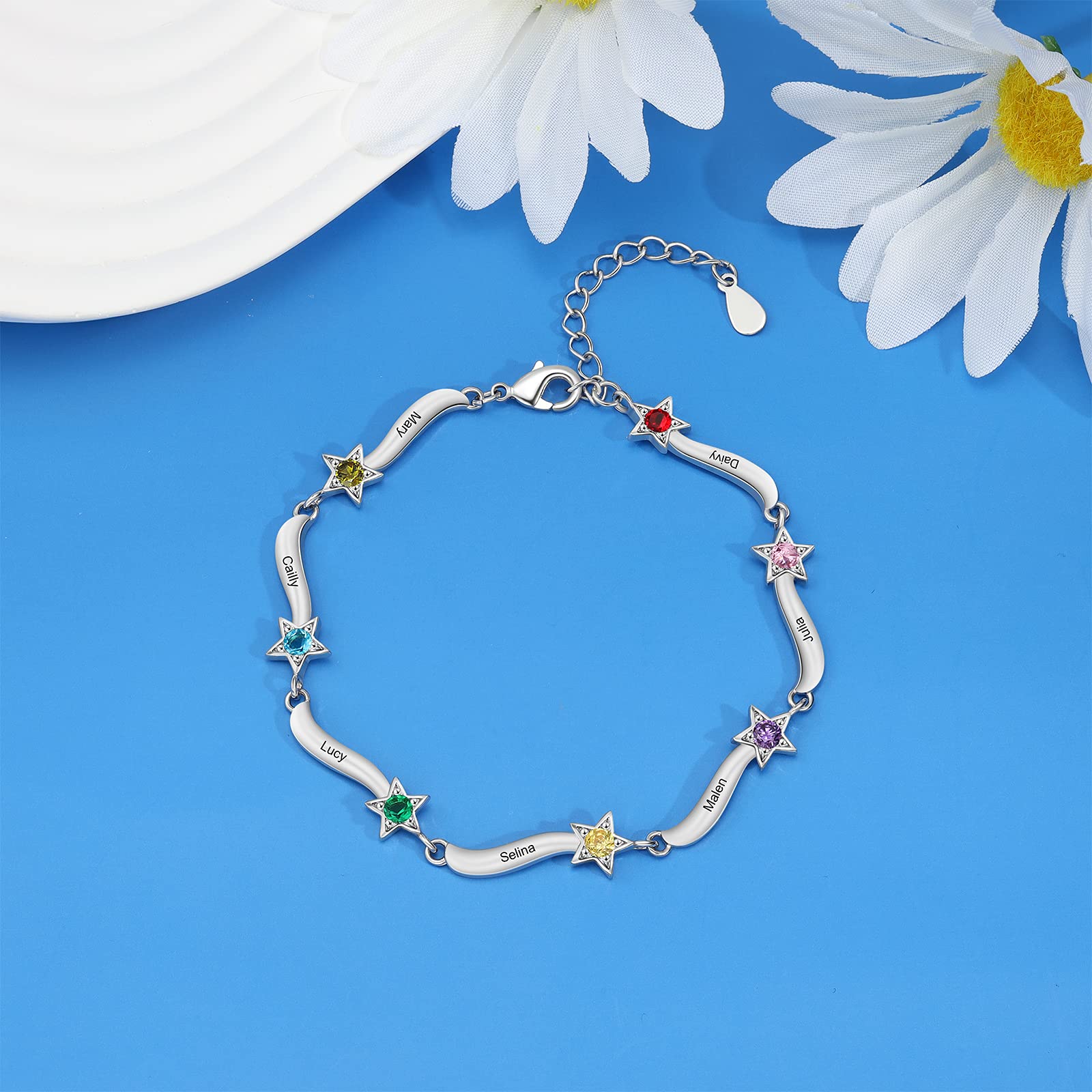 OPALSTOCK Personalized Mothers Bracelets Infinity Charm Name Bracelets Star Link Bangle with Simulated Birthstones Mother Daughter Jewelry Gift (7stone)