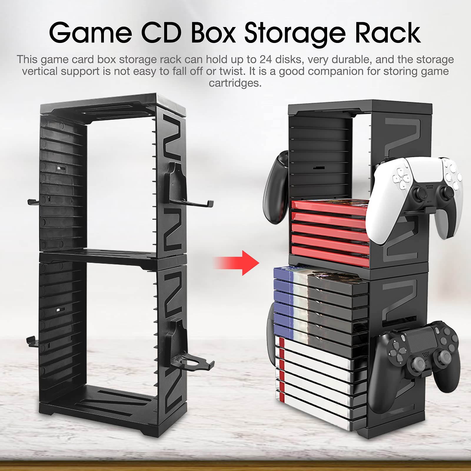 Motffsa Game Holder Game Storage Organizer, Game Card Box Storage Rack Double-layer Bracket, PS5/4 Game Holder Game Disk Rack and Controller Organizer