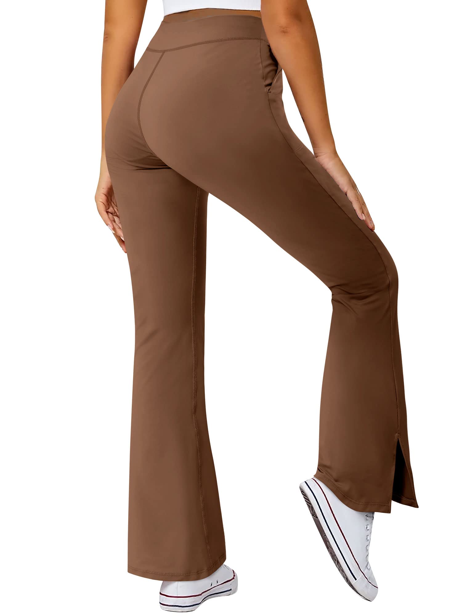 MYMORE Yoga Pants with Pockets for Women V Cut High Waist Bootcut Workout Bell Bottom Crossover Flare Leggings Brown
