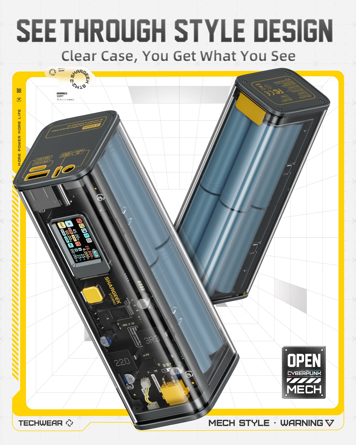 Shargeek STORM2 100W Power Bank 25600mAh with Transparent Case and IPS Screen Solar Panel Charger with USB Port 12W IP54