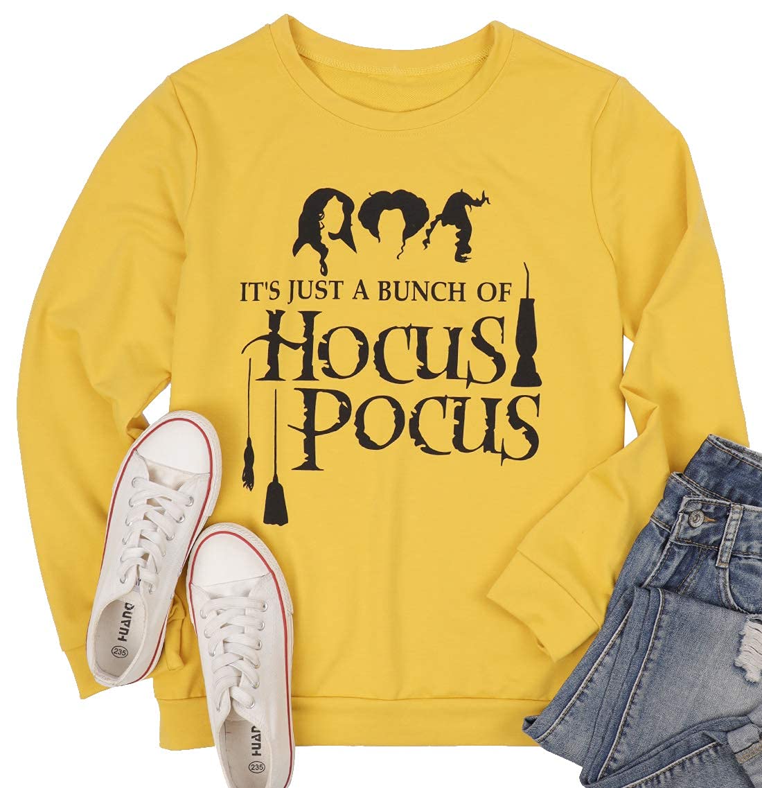 KIDDAD It's Just A Bunch of Hocus Pocus T-Shirt Women Halloween Sanderson Sisters Long Sleeve Crewneck Casual Pullover Tops Yellow