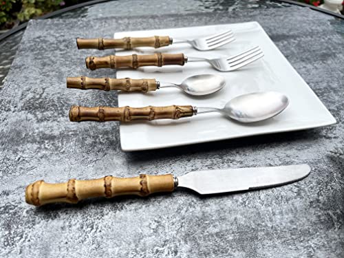 Nature Real Bamboo Handle Flatware 5-Piece Set, Stainless Steel 18/10 Food Safety Grade Silverware Cutlery Set Eating Utensils Matte Silver (Nature bamboo 5 pcs set)