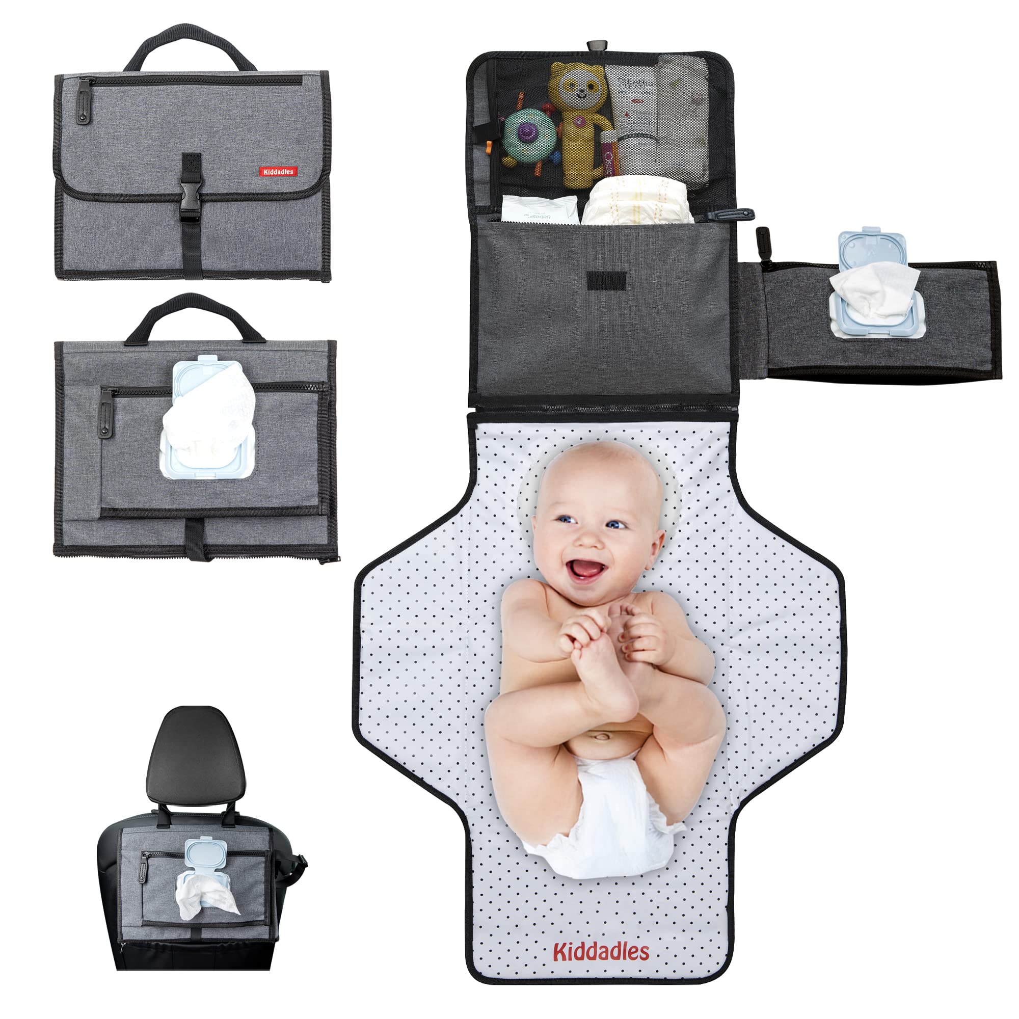 Kiddadles Portable Diaper Changing Pad, Portable Changing Pad for Infants with Soft Pillows, Wet Tissue Pocket & Carry Handle, Waterproof Baby Changing Pad, Newborn Essentials, Baby Shower Gifts