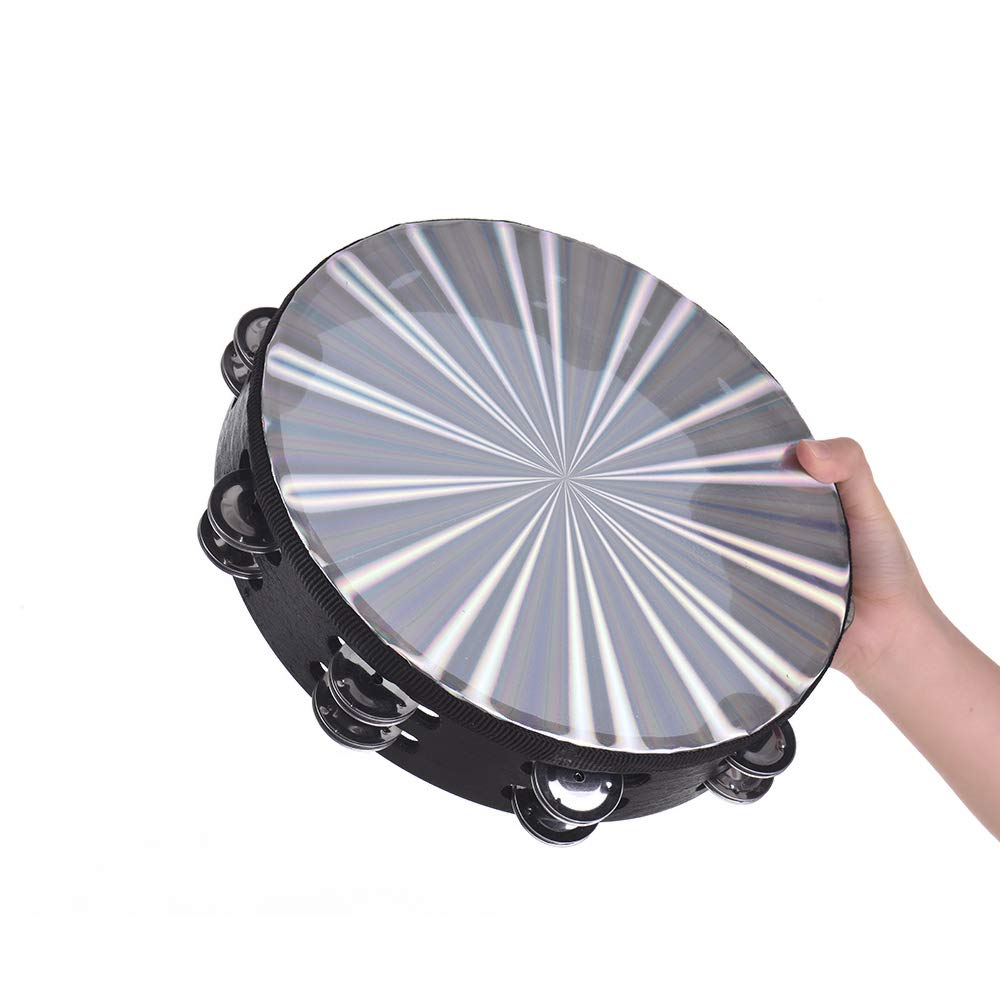 Mowind Tambourine Radiant 10 Inch Hand Held Drum with Double Row Jingles Reflective Drum Musical Instrument for Games KTV Party