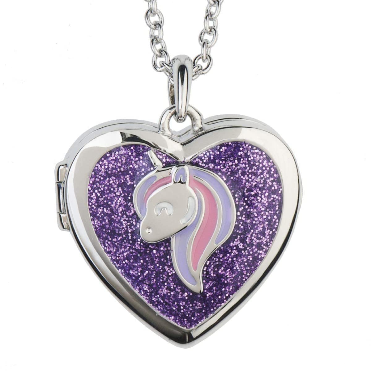Purple Unicorn & Silver Heart Locket Necklace | Sparkly Glitter Animal Pendant | Secret Inside Storage | Silver Tone Chain |