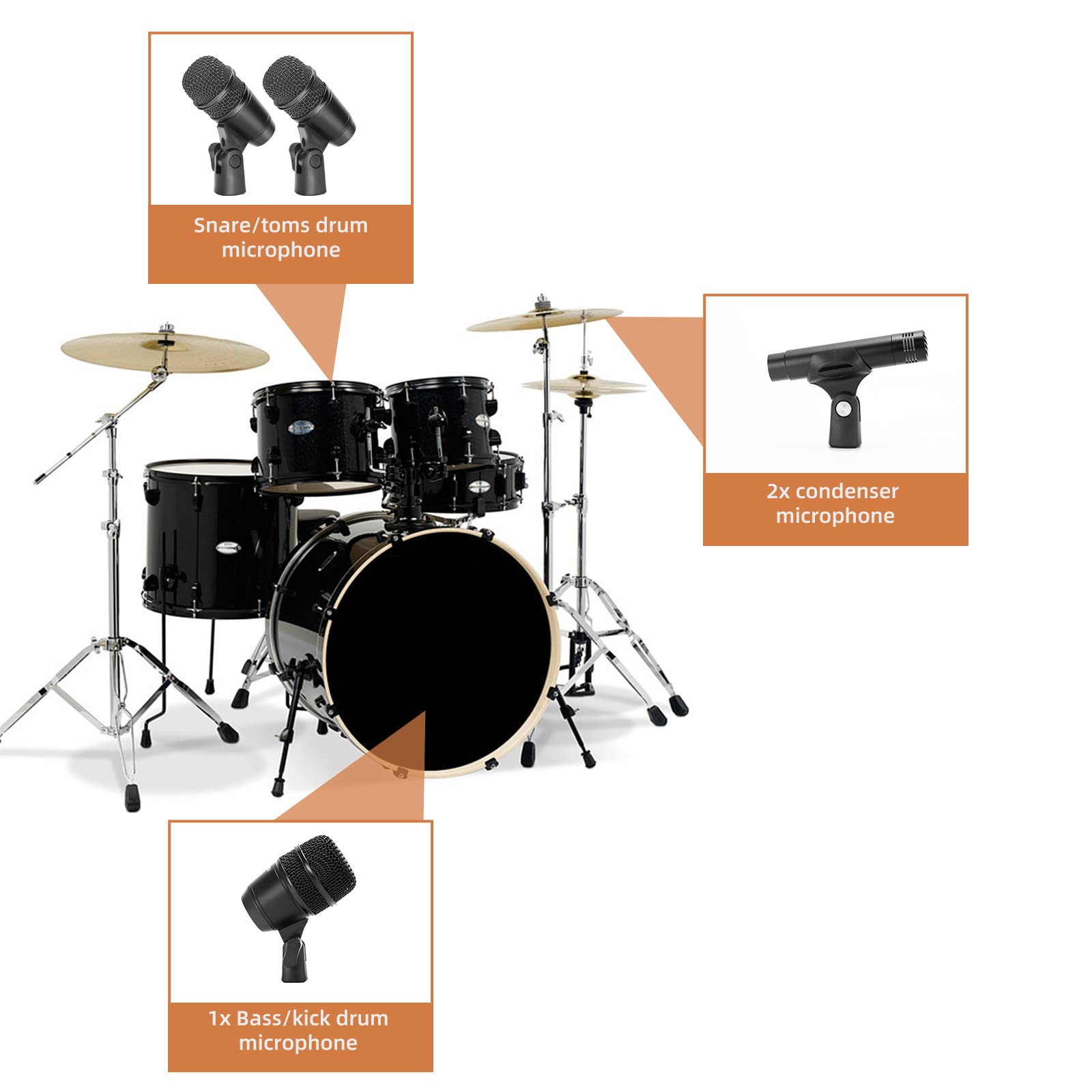 SENWOSI 7 Piece Metal Wired Dynamic Drum Mic Kit Kick bass, Tom/Snare Drum and cymbal mics for Performing and Recording Drummers - Comes with, Stand, Thread clamp, etc(G-7)