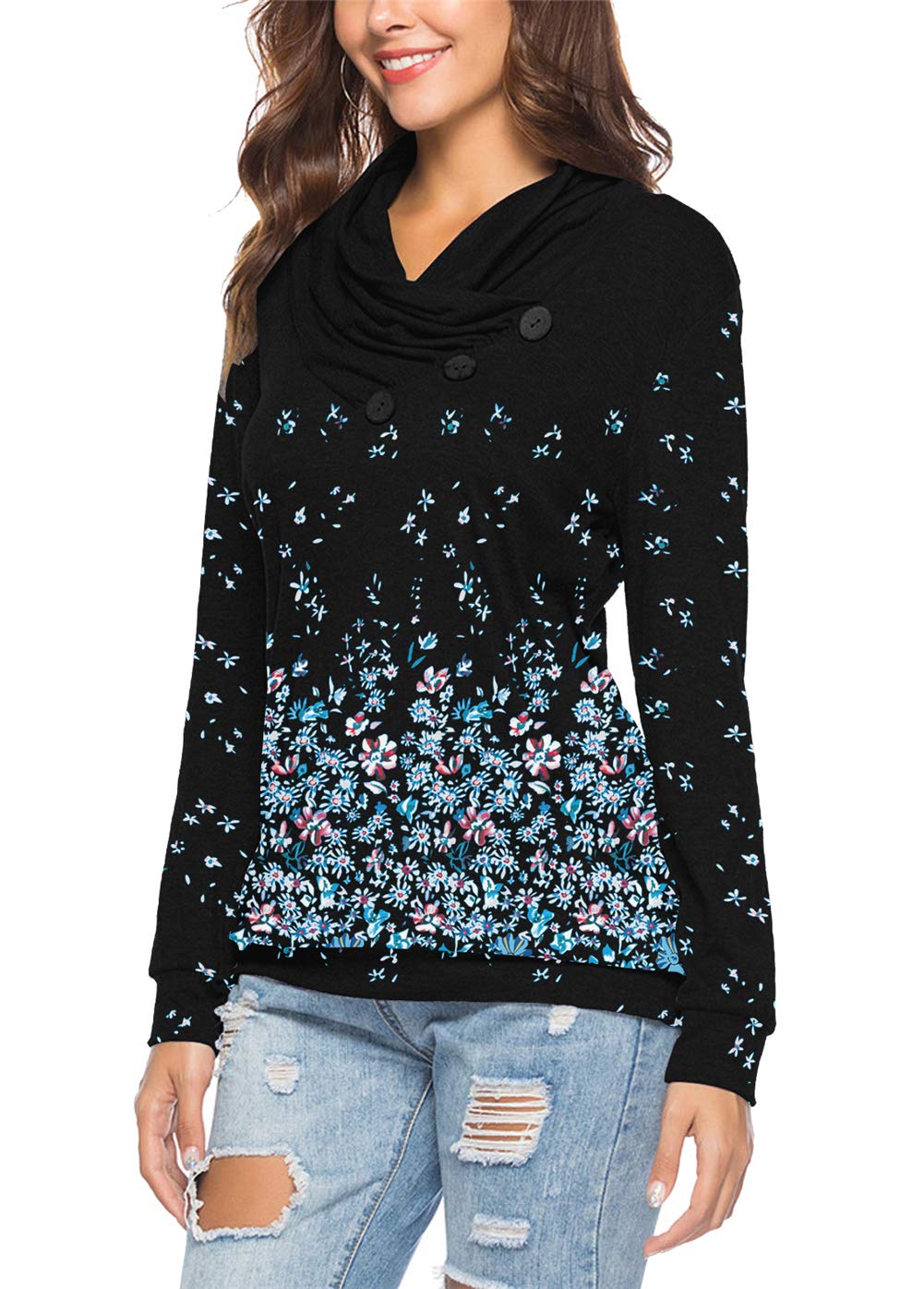 KISSMODA Women's Long Sleeve Solid Tunic Blouses and Tops Cowl Neck Sweatshirts with Button Navy Blue XL