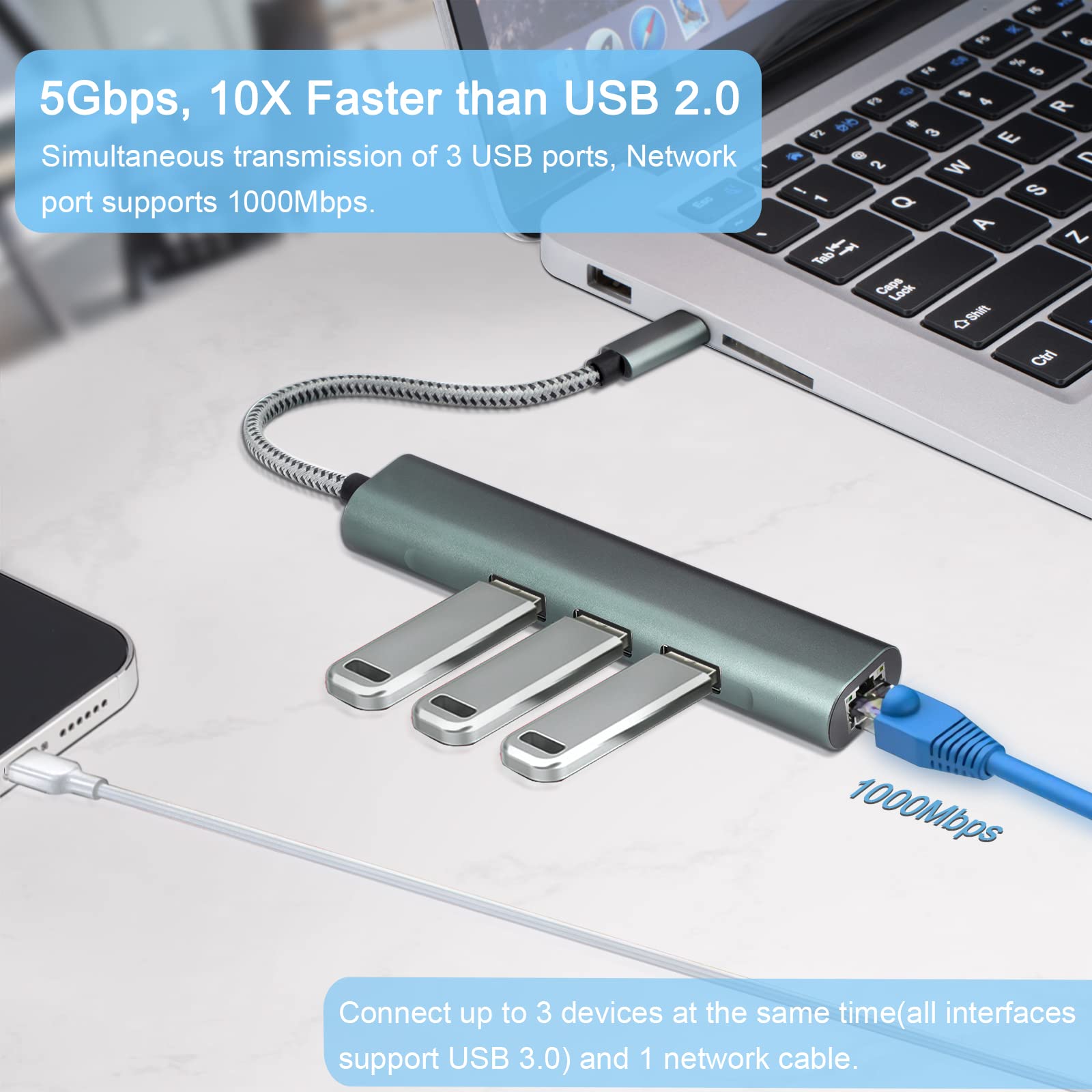 USB C to Ethernet Adapter, 4-in-1 USB-C to USB 3.0 Hub with Gigabit Ethernet Adapter for MacBook Pro/Air, iPad Pro, iMac, XPS, Surface Pro, Notebook Laptop UC164 Dell XPS and More(Gray)