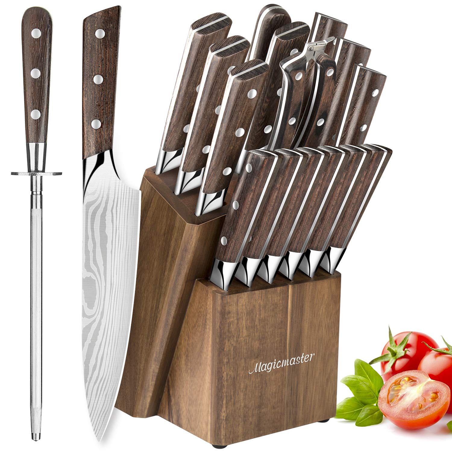 Knife Set, 15pcs Kitchen Knife Set with Wooden Block β German High Carbon Stainless Steel Professional Chef Knife Block Set, Manual Sharpening, Forged, Full-Tang