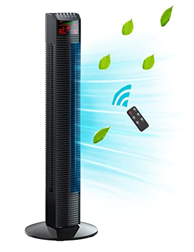 Tower Fan, Whole Room Wind Curve Oscillating Tower Fan with Remote Control, 3 Modes, 12H Timer, LED Display with Auto Screen Off, Low Noise Floor Bladeless Fan for Bedroom, Study or Office Use, black