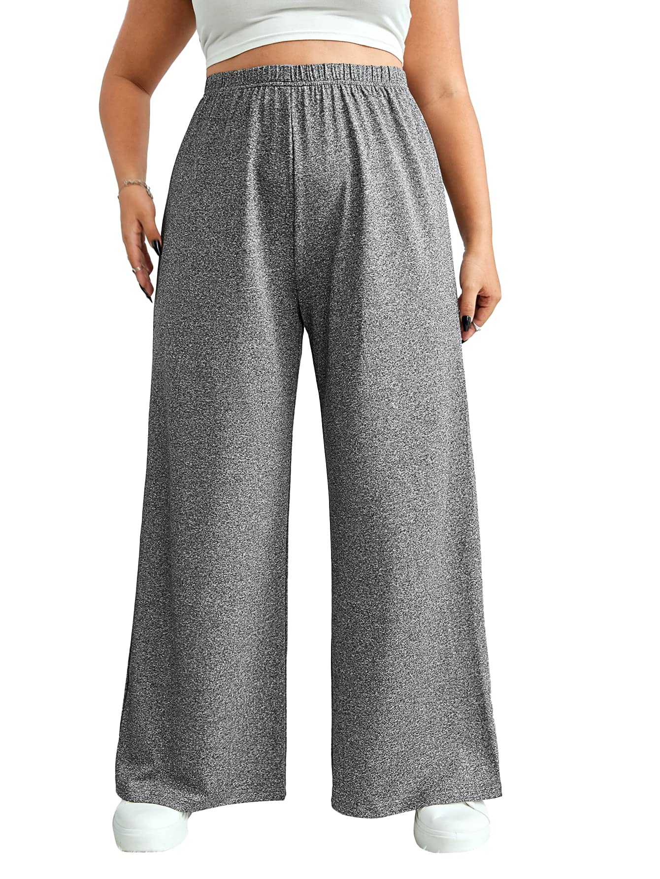 OYOANGLE Women's Plus Size High Elastic Waist Wide Leg Pants Casual Loose Yoga Pants Grey 1XL