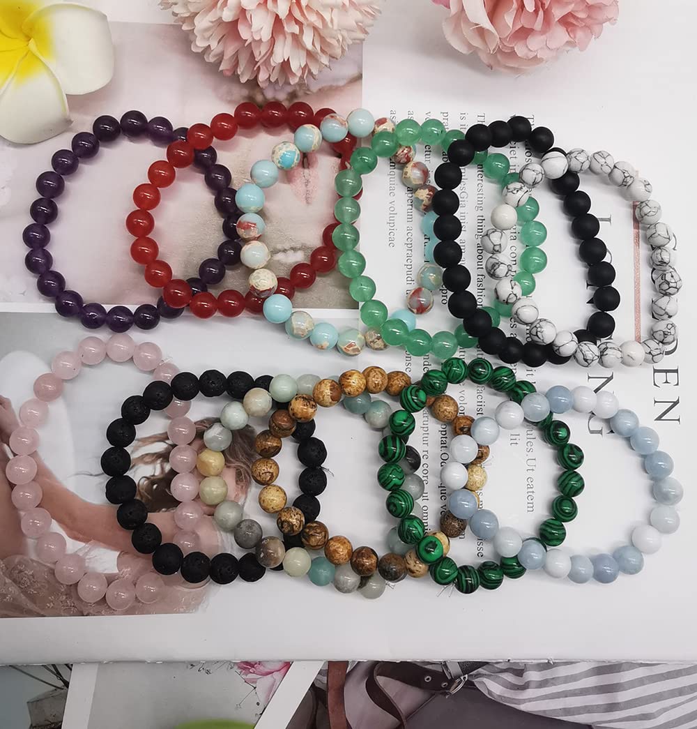 MOZAKA 12Pcs 4mm 6mm 8mm Gemstones Beaded Bracelets for Men Women Stone Bead Healing Stretch Round Bead Crystal Semi-Precious Bracelets Unisex