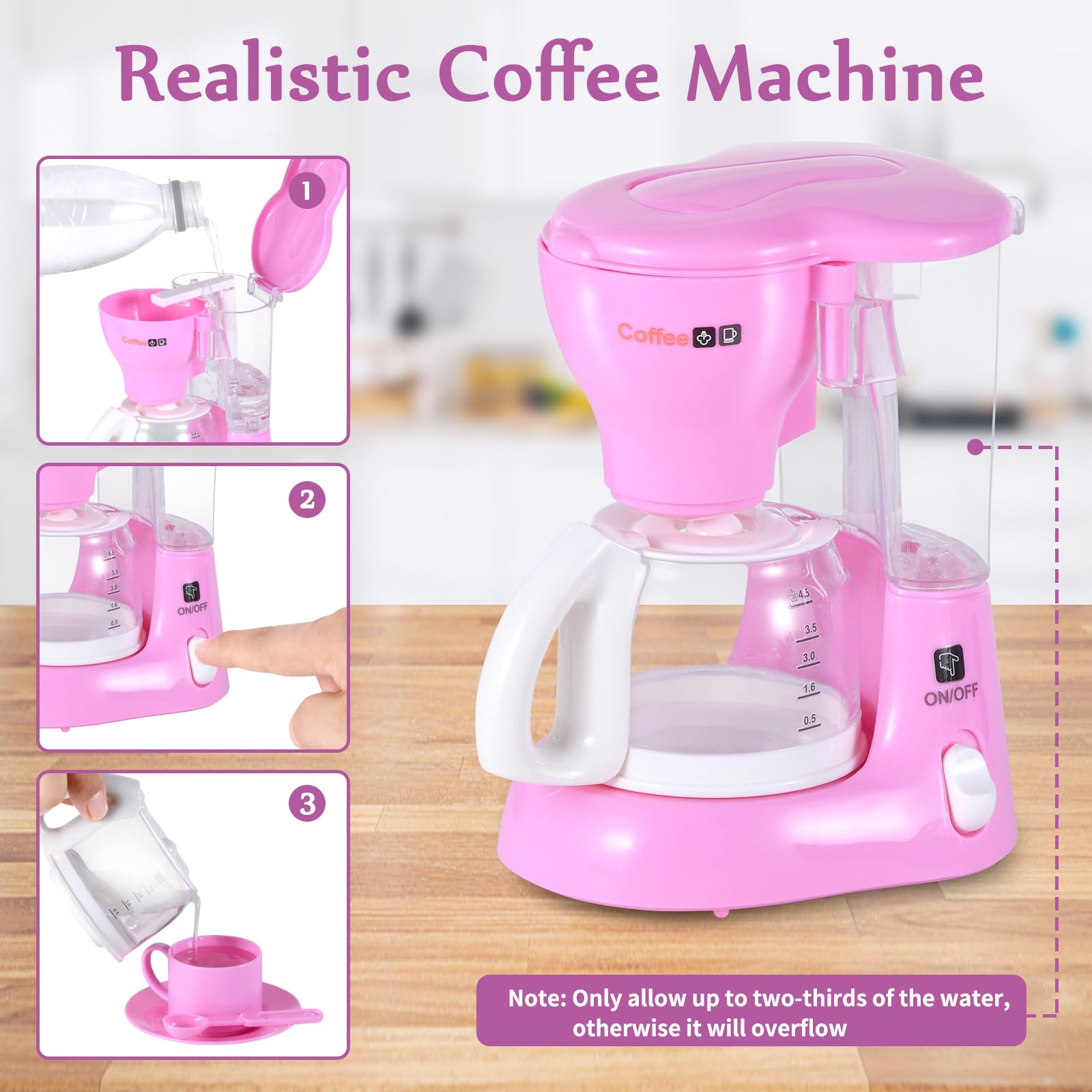 Kitchen Appliances Toys, Play Kitchen Accessories Set for Kids, Pretend Kitchen Toys, Coffee Maker, Blender, Mixer, Toaster with Realistic Light and Sounds, Toy Kitchen Set for Kids Ages 3+ (Pink)