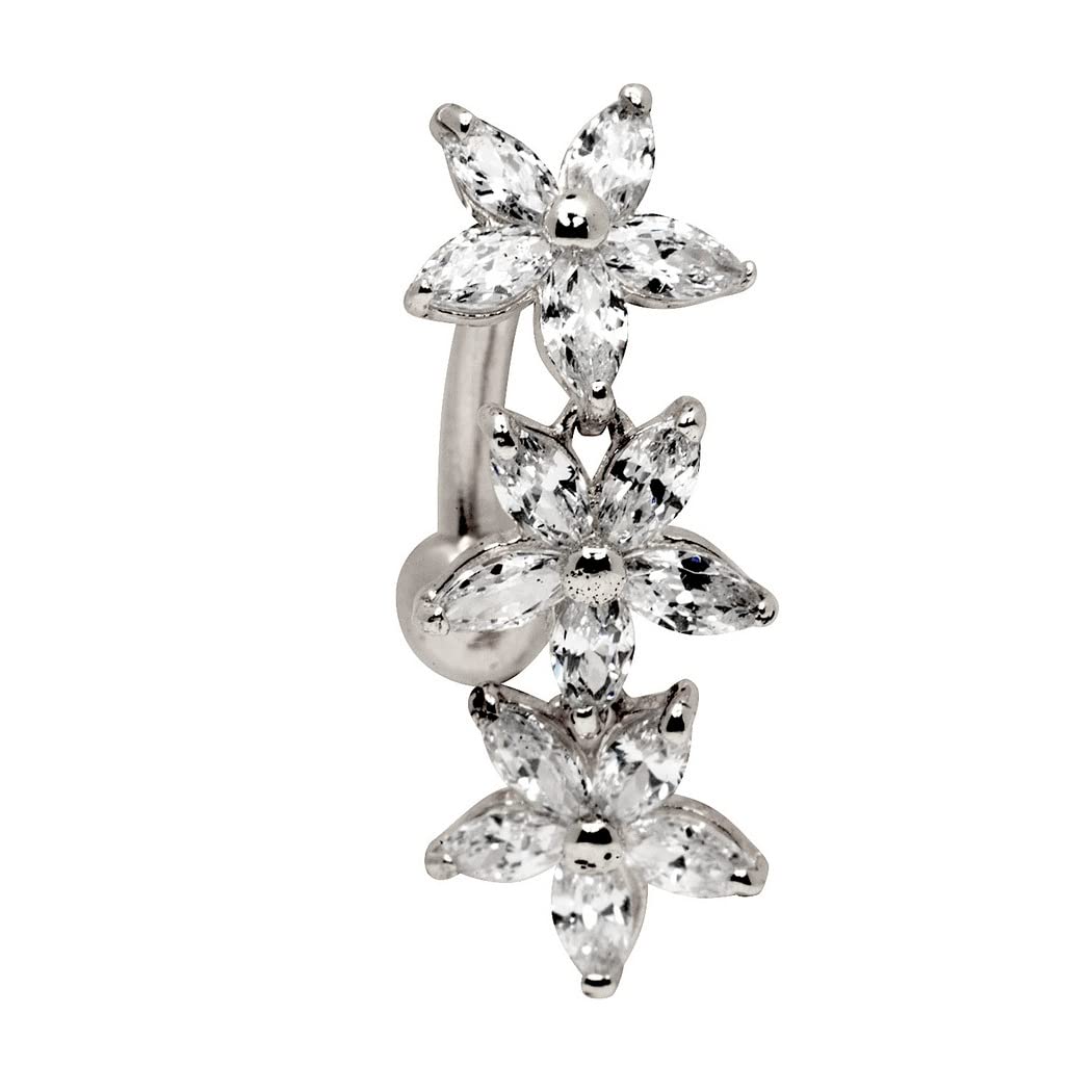 JewelryWeb Solid 14k Yellow or White Gold Marquise Flower Cubic Zirconia Top Mount Belly Button Ring Dangle (7mm x 24mm) (white-gold)