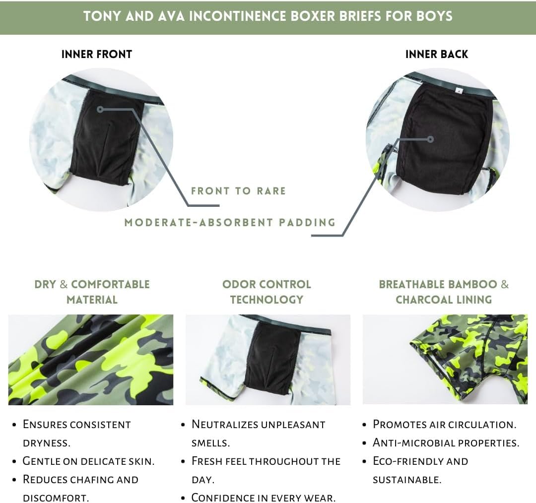 Tony and Ava Incontinence Boxer Briefs for Boys with Special Needs | Soft Cotton Liner | Slim Fit Underwear for Boys (120 lbs) | Comfortable, Camouflage Design, Pack of 2 (Large)