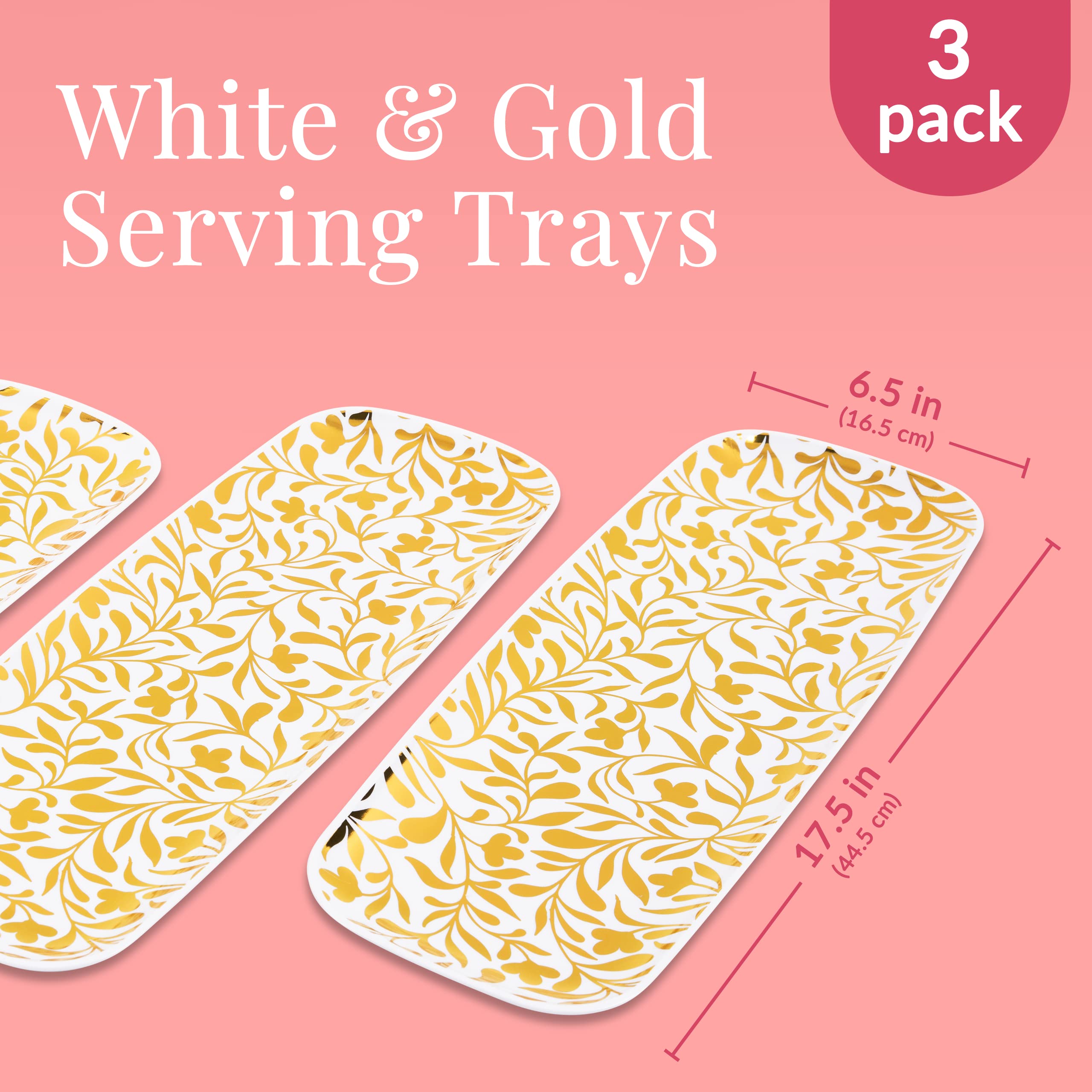 Prestee Disposable Serving Trays and Platters for Serving Food, 3pk - Gold Serving Tray, Plastic Serving Trays for Party, Plastic Serving Platter, Dessert Trays for Dessert Table for Christmas Holiday