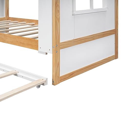 LAVHOME Twin Size House Platform Bed with Storage Shelves and Twin Size Trundle,Solid Wood Twin Bed Frame Box Spring Not Required,White