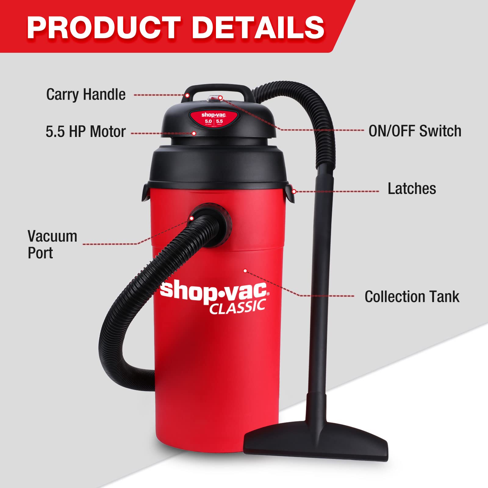 Shop-Vac 5 Gallon 5.5 Peak HP Wet/Dry Vacuum, Wall Mountable Compact Shop Vacuum with 18' Extra Long Hose & Attachments, Ideal for Jobsite, Garage, Car & Workshop. 9522236