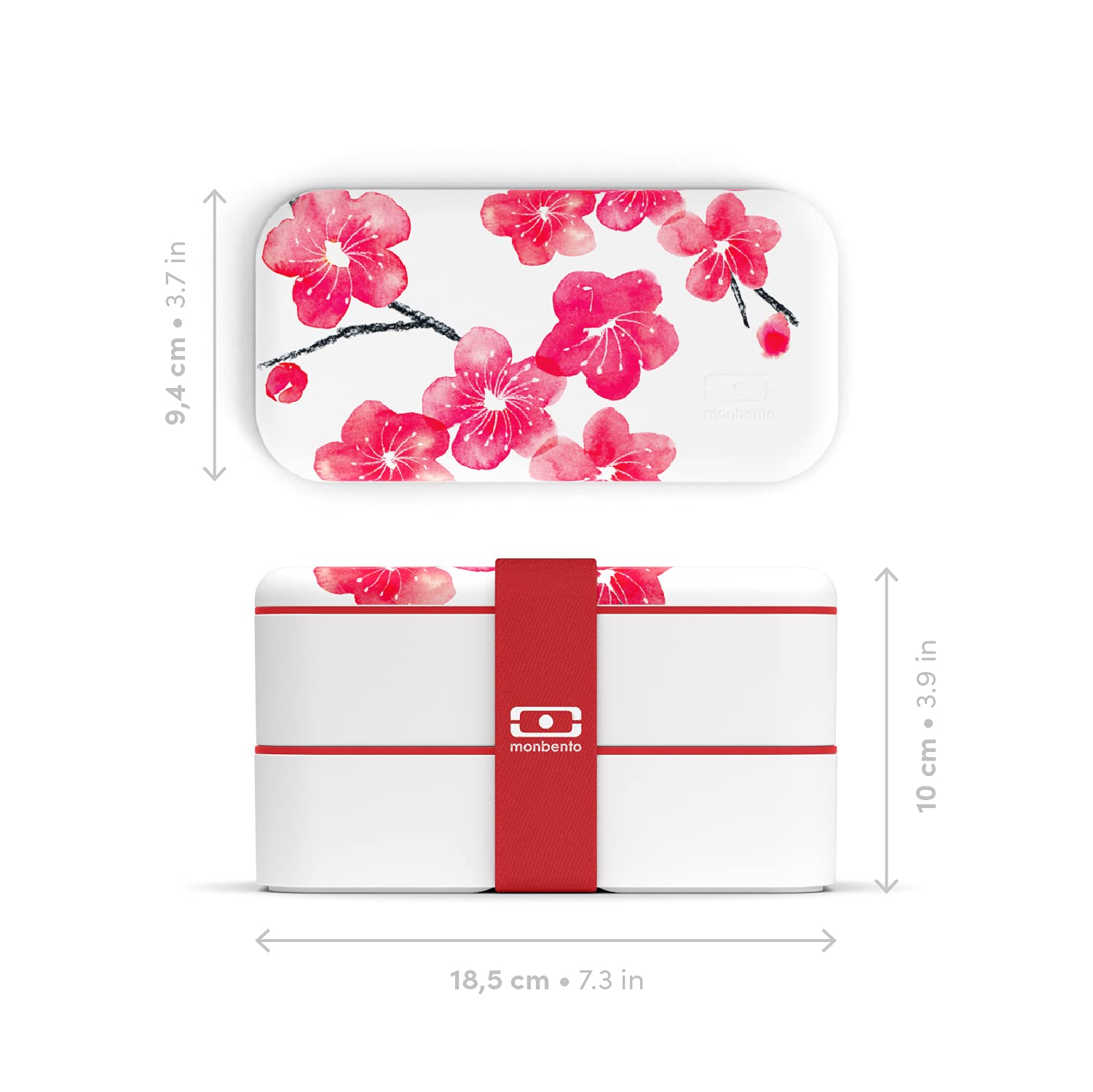 monbento - Bento Box MB Original Blossom with Compartments - 2 Tier Leakproof Lunch Box for Work and Meal Prep - BPA Free - Food Grade Safe - Japanese Flowers - Red & White