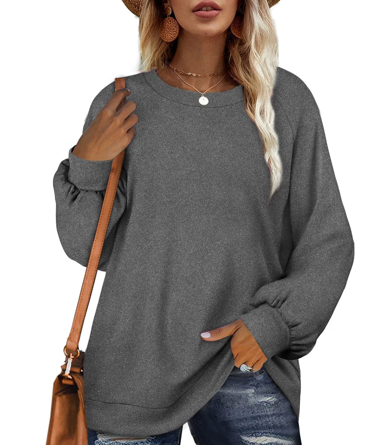 OFEEFAN Womens Long Sleeve Tops Tunics Sweatshirts Pullover Sweaters Tops Grey M