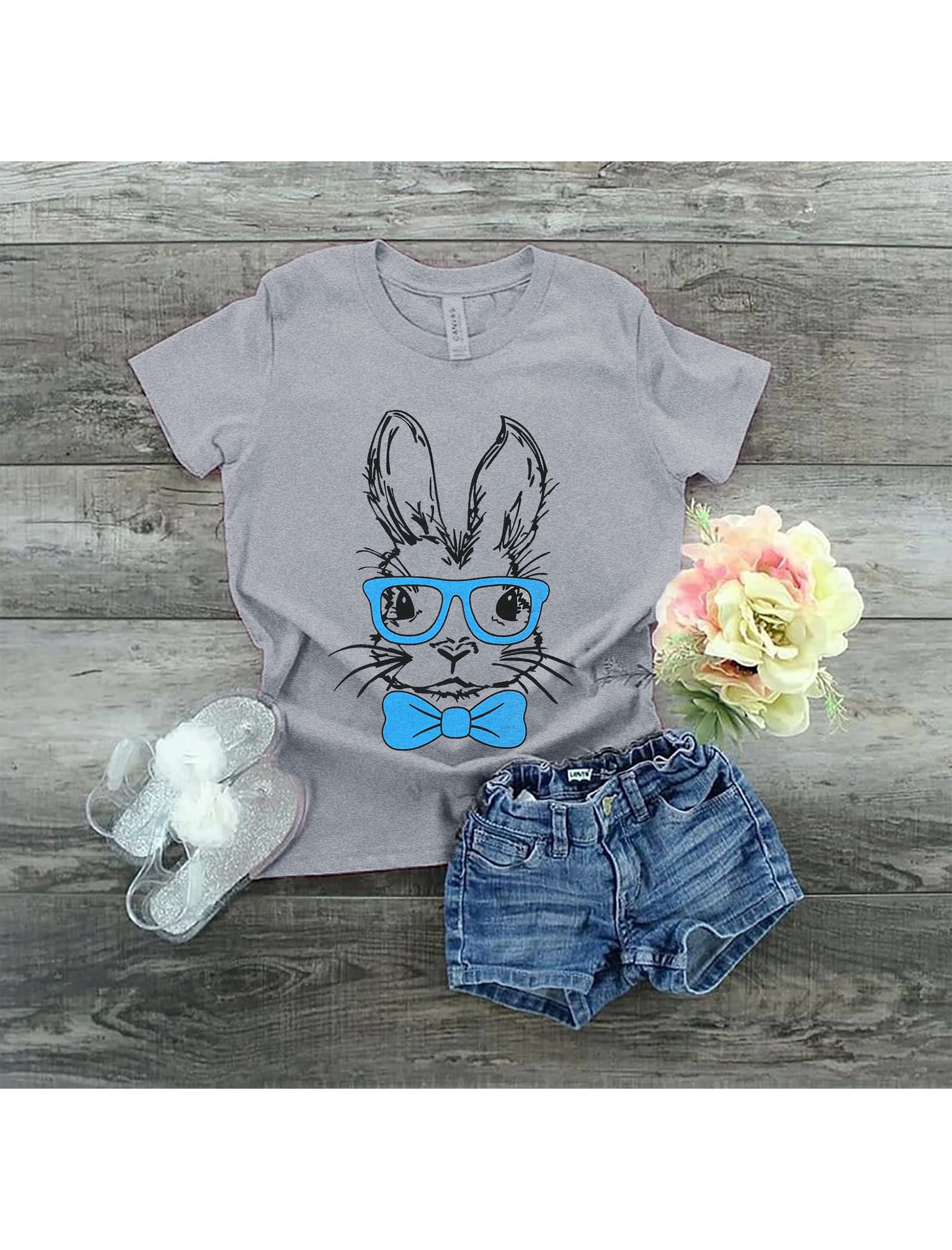 Toddler Easter Bunny Shirts Cute Rabbit with Glasses Print Tshirt Happy Easter Short Sleeve Tee Tops Grey