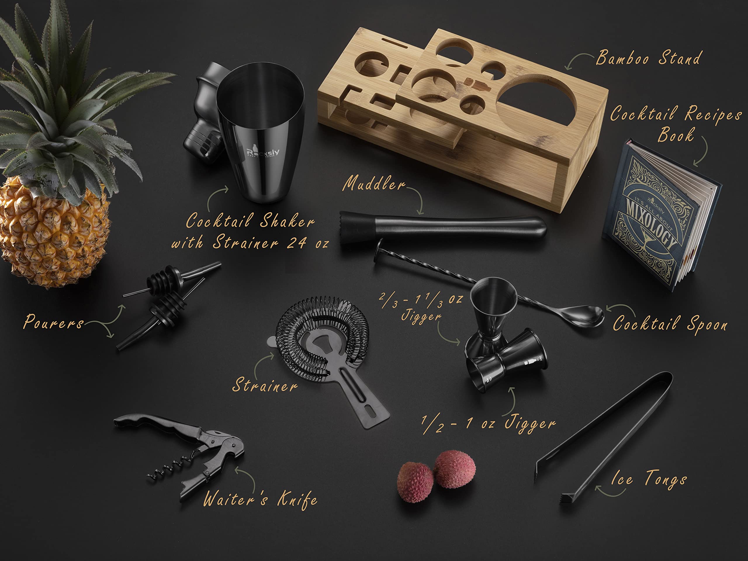 ROCKSLY Mixology Bartender Kit and Cocktail Shaker Set for Drink Mixing | Mixology Set with 10 Bar Set Tools and Bamboo Stand Makes It The Perfect Home Cocktail Kit | Complete Bartender Kit (Black)